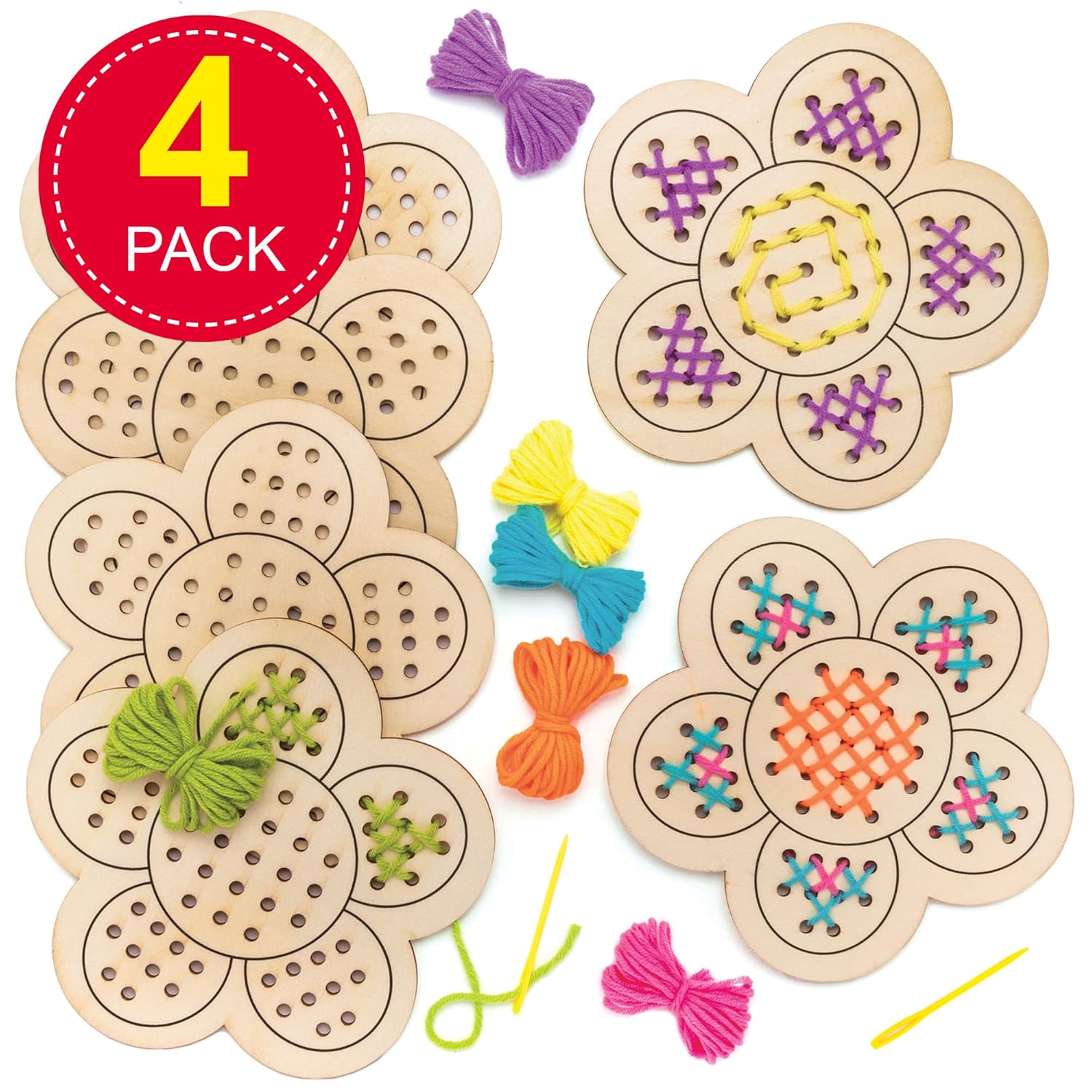 Baker Ross AT378 Flower Wooden Threading Kits, Pack of 4, Wood Template ...