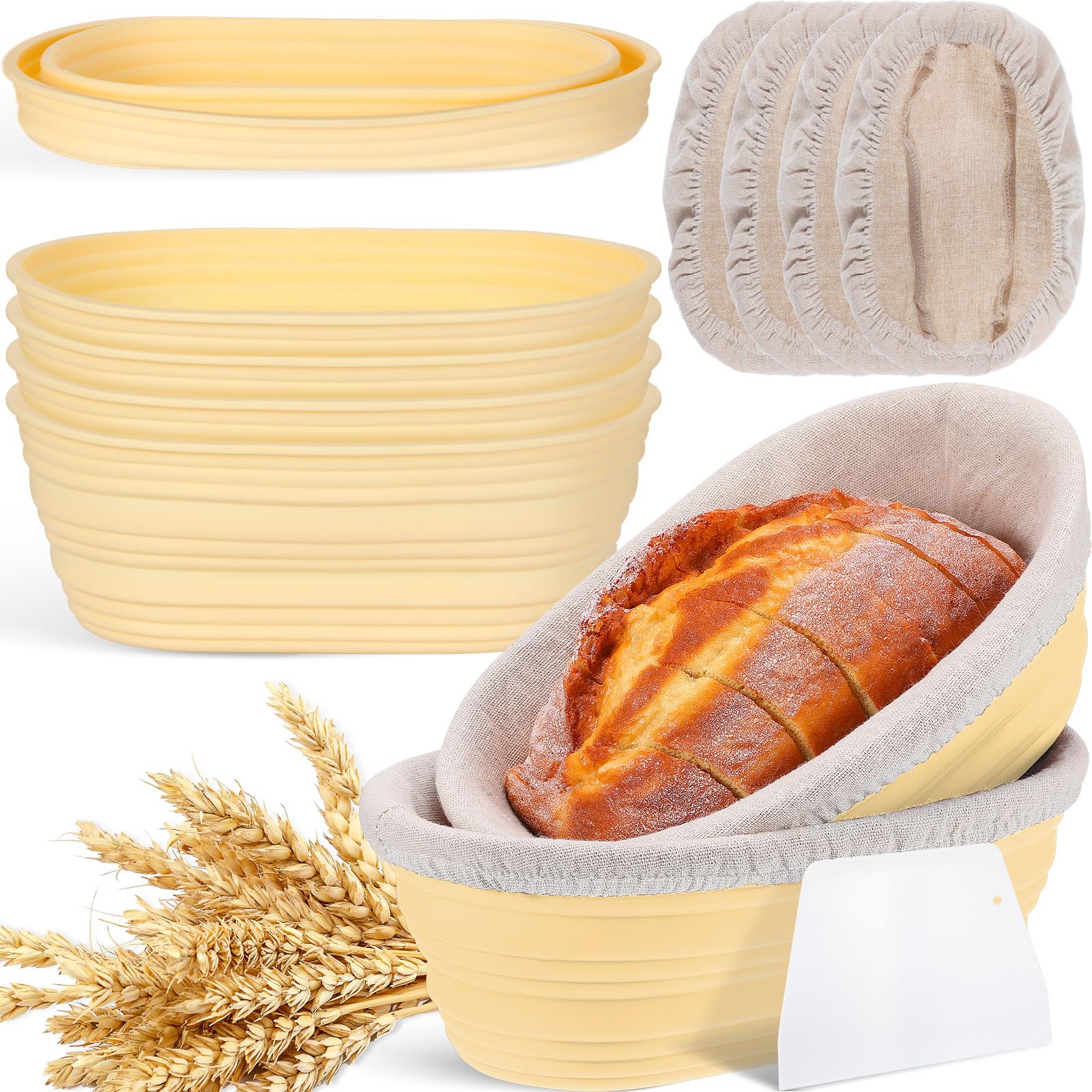 Nuogo 4 Pack Oval Bread Proofing Basket Silicone 10 Inch Collapsible ...