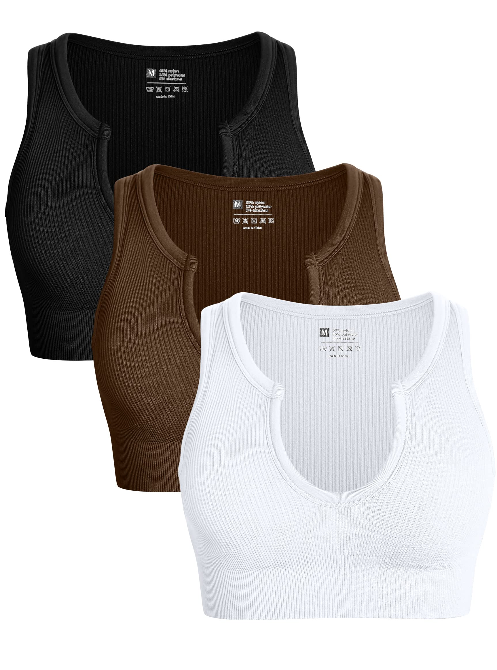 OQQ Women's 3 Piece Medium Support Crop Top Seamless Ribbed Removable ...