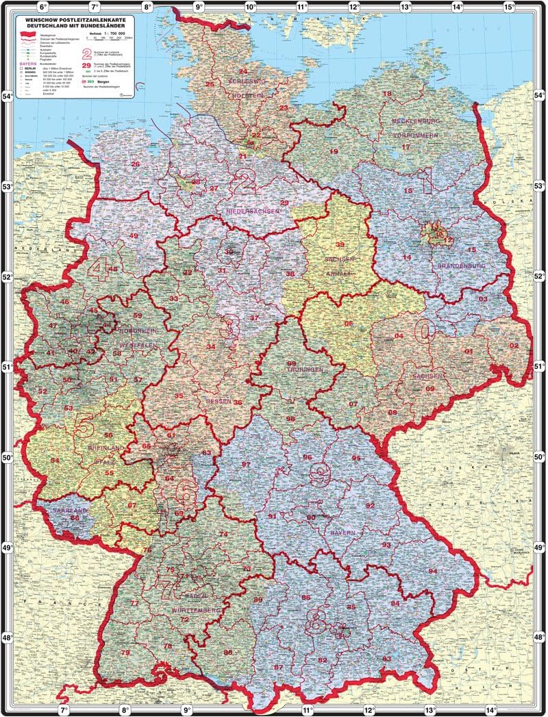 Mappemonde xXL 1,95 m original postleitzahlenkarte couleurs de l ...