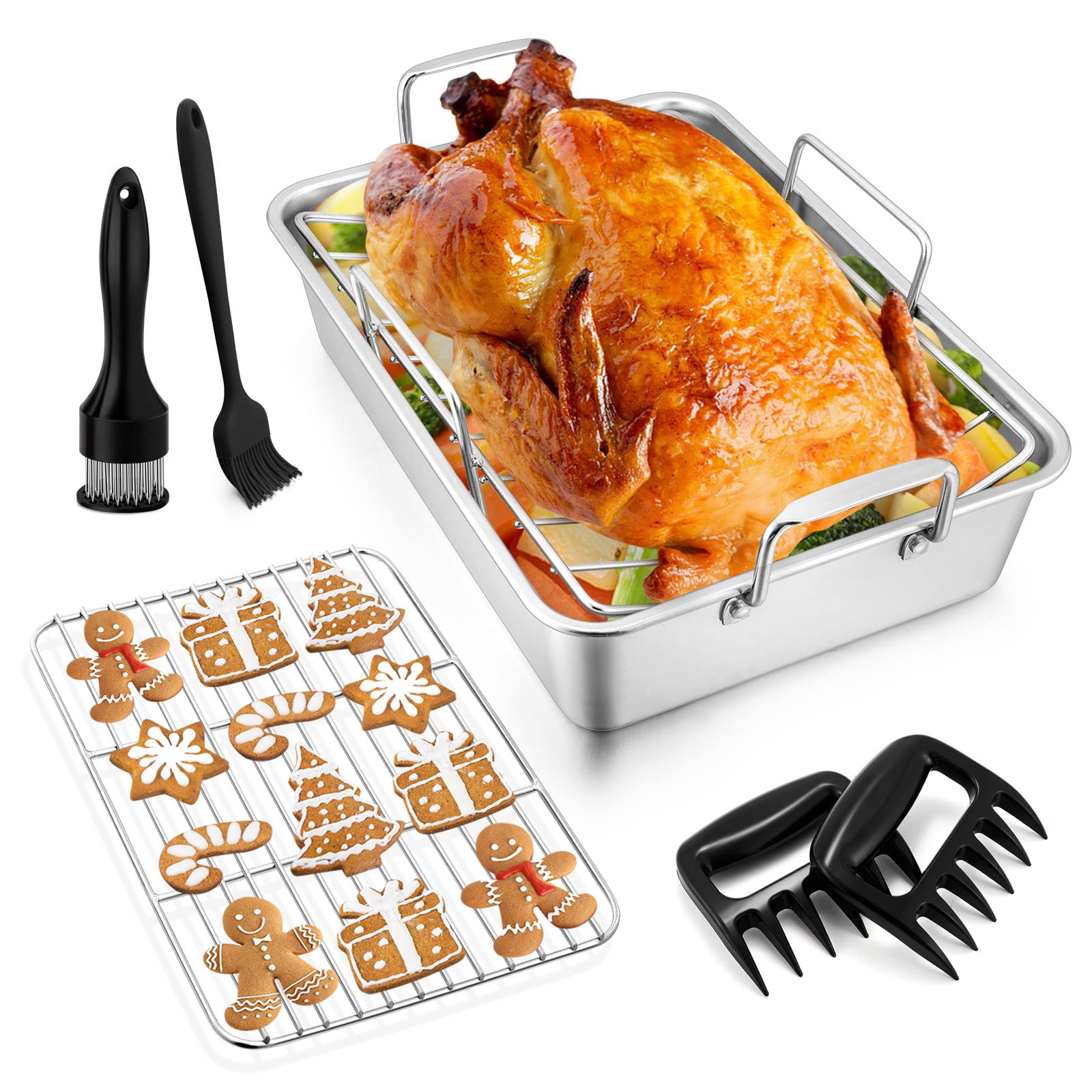 Roasting Pan with Rack for Turkey Chicken (7 Pcs), Joyfair Stainless ...