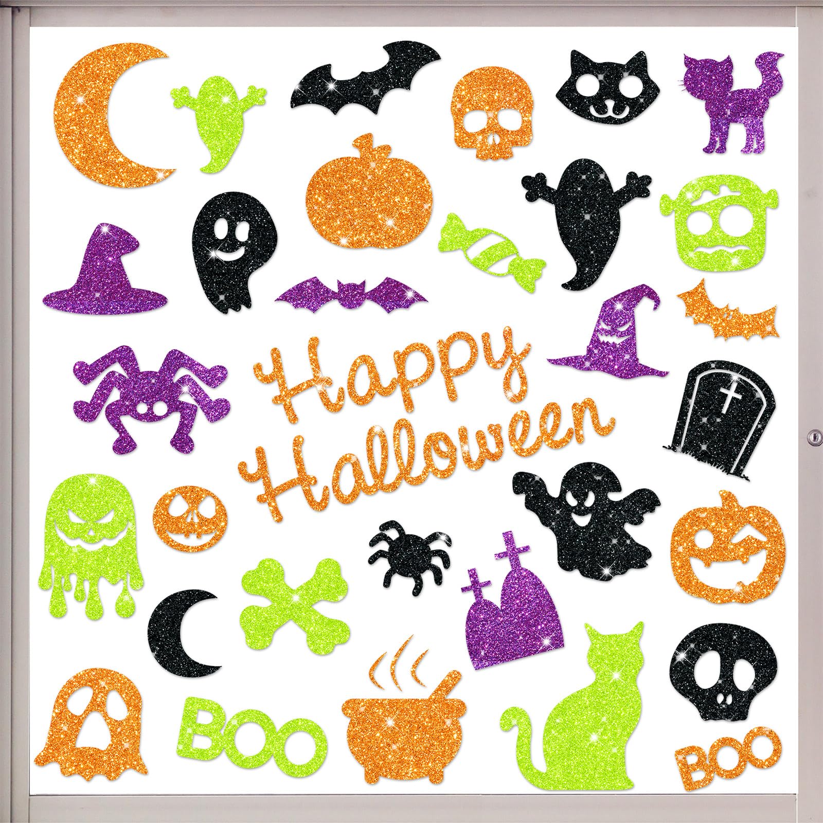 Whaline 8 Sheet Halloween Glitter Window Clings Orange Green Purple ...