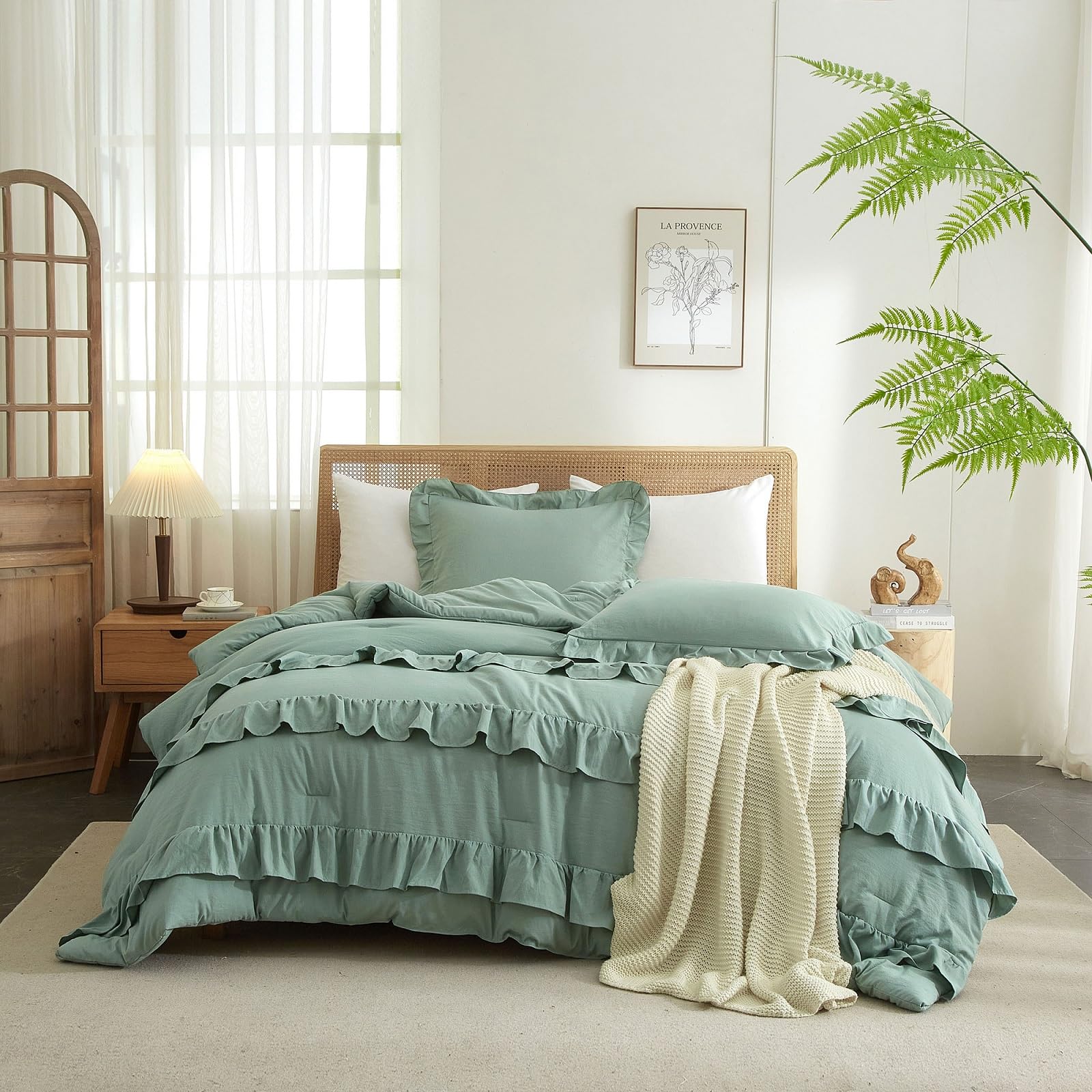 King Size Comforter Set Sage Green Ruffle Comforter Set 1 Boho Ruffled ...
