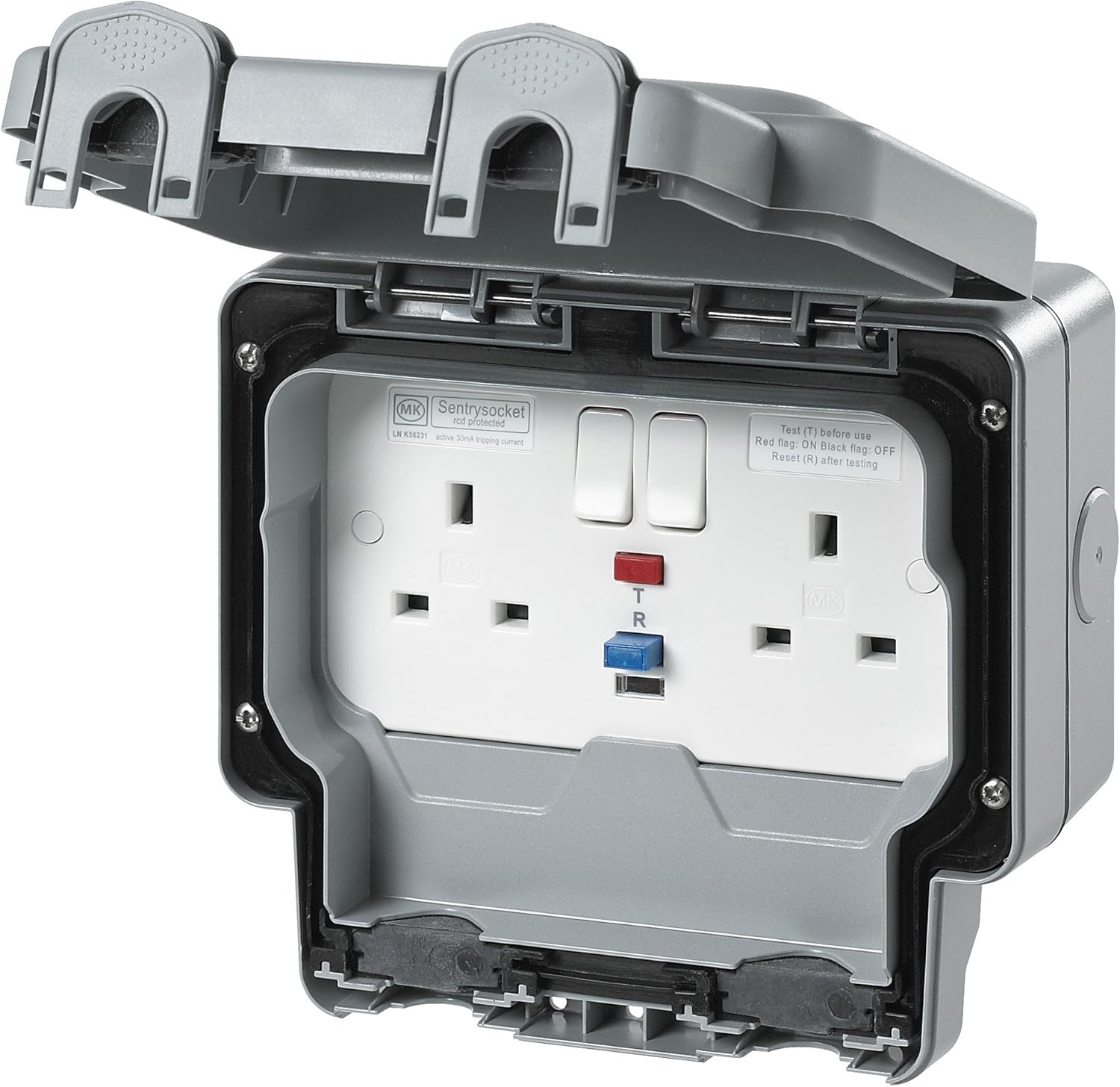MK Masterseal Plus K56231GRY 13 amp 2-Gang RCD Protected Socket (Active ...