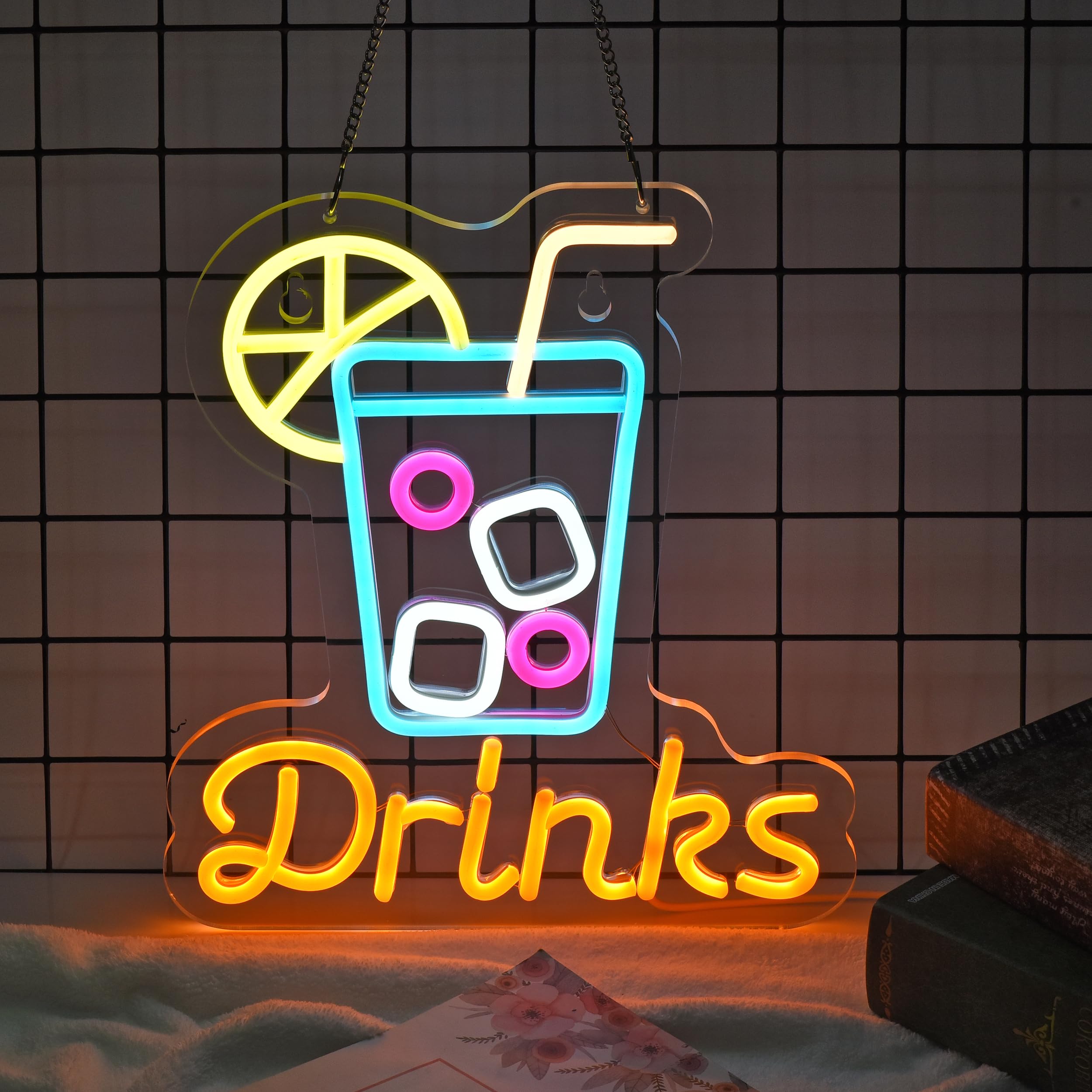 JOMOBUTY Drinks Neon Sign For Wall Decor Cool Drink Cup LED Light Up ...