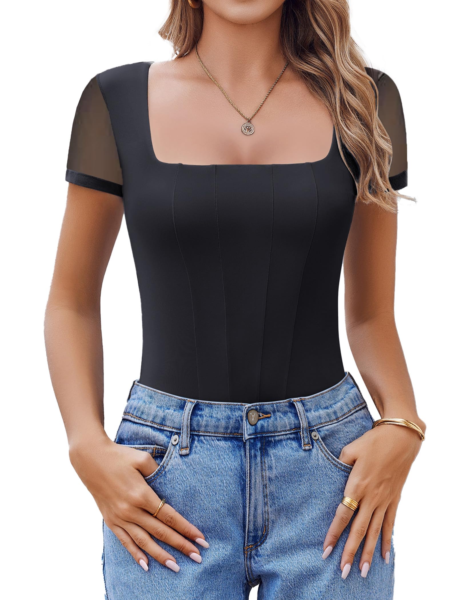 Avidlove Women's Short Mesh Sleeve Black Bodysuits Square Neck Body ...