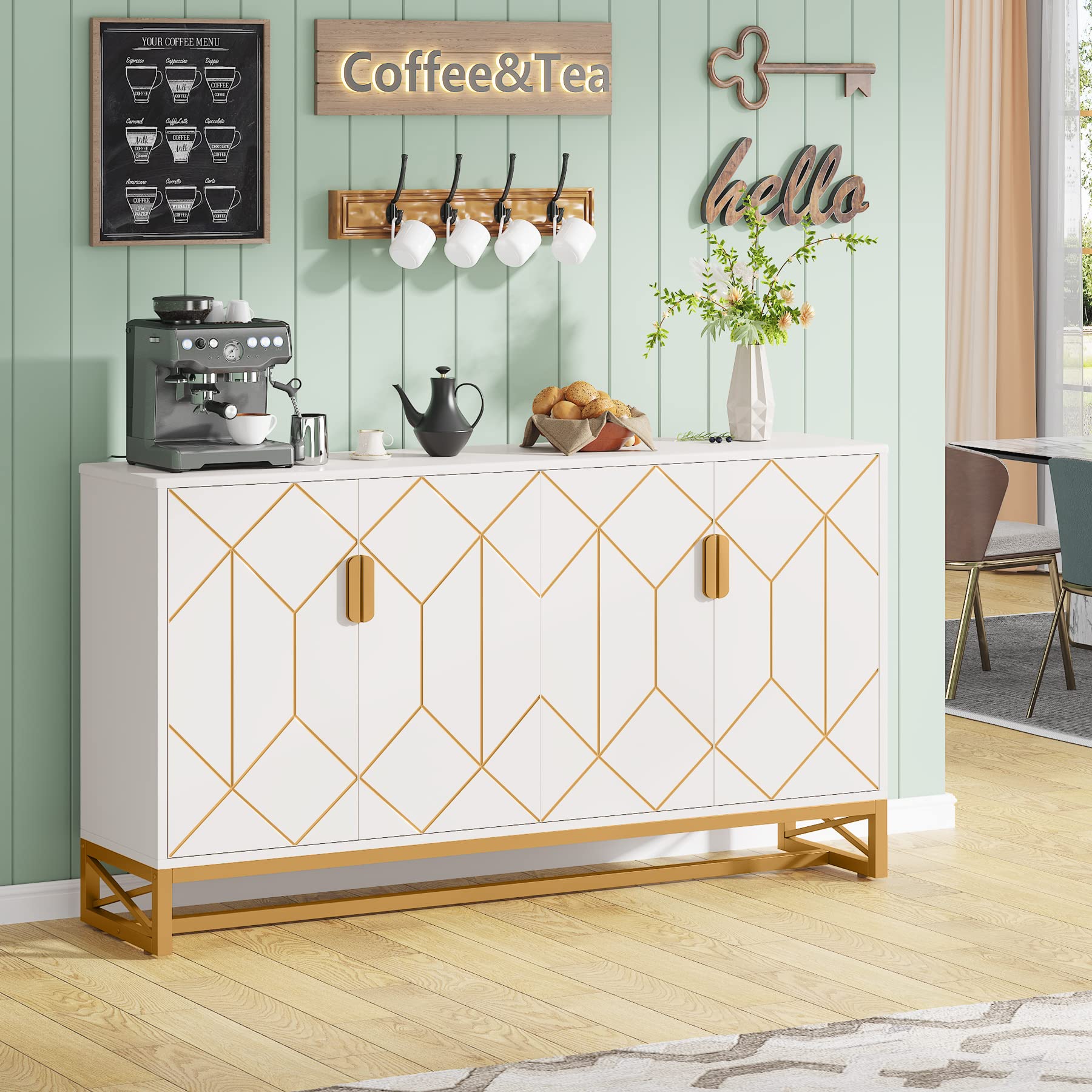 Tribesigns White Gold Storage Cabinet with Door and Adjustable Shelves ...