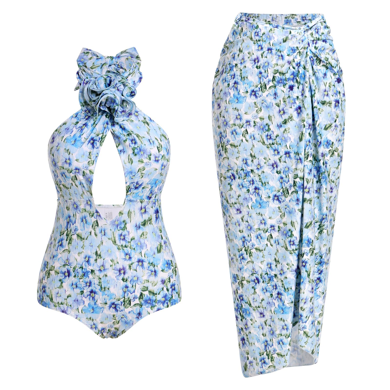 One Piece Bathing Suit with Matching Sarong Halter Cutout Floral Sexy ...