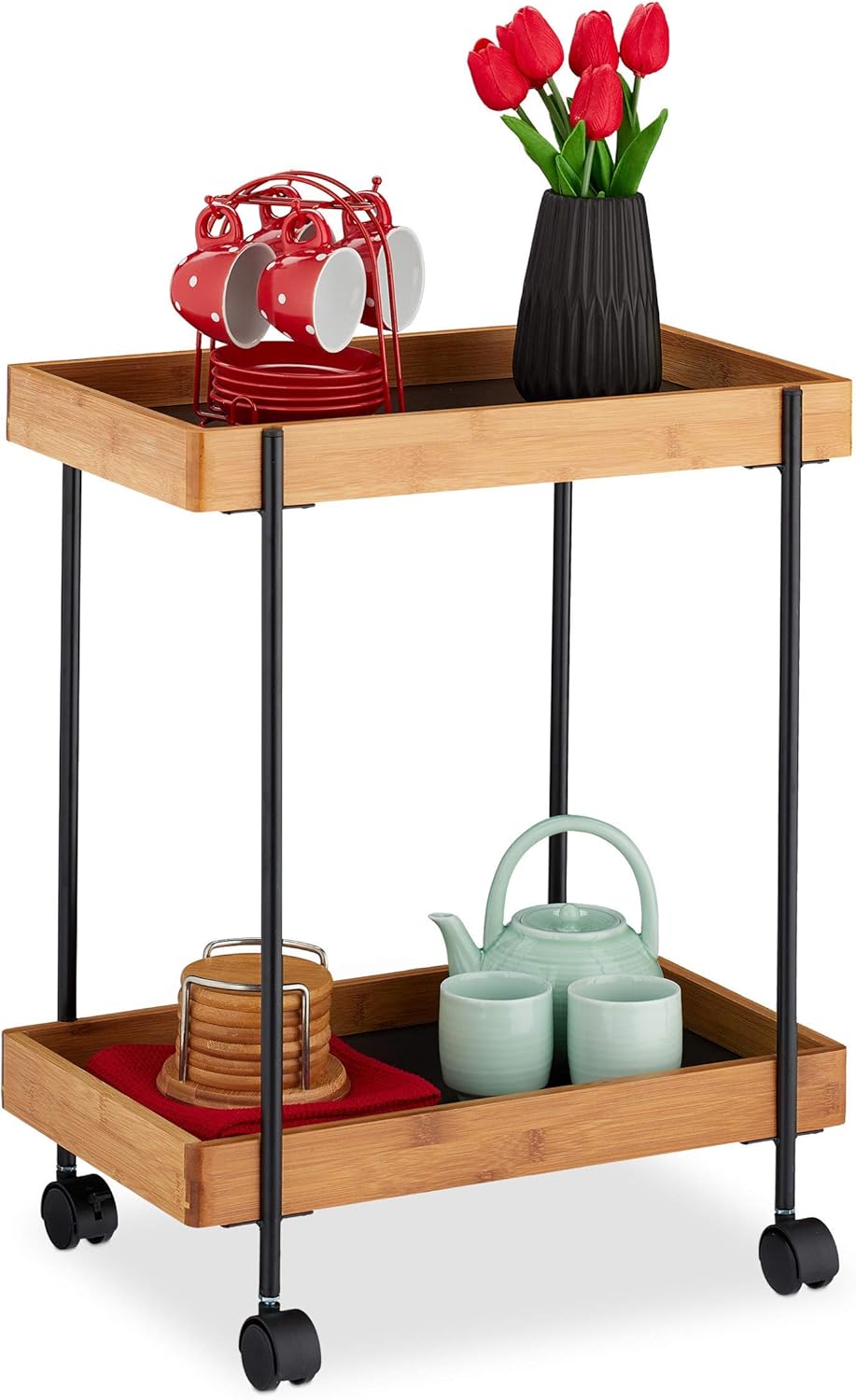 Relaxdays 10027599 Serving Trolley, Tea Station with 2 Tiers, Bamboo ...