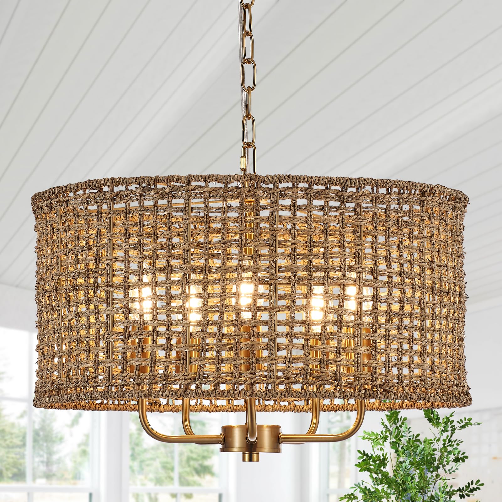 YOMECOO Hand-Woven Rattan Chandelier Vintage Farmhouse Boho Bamboo ...