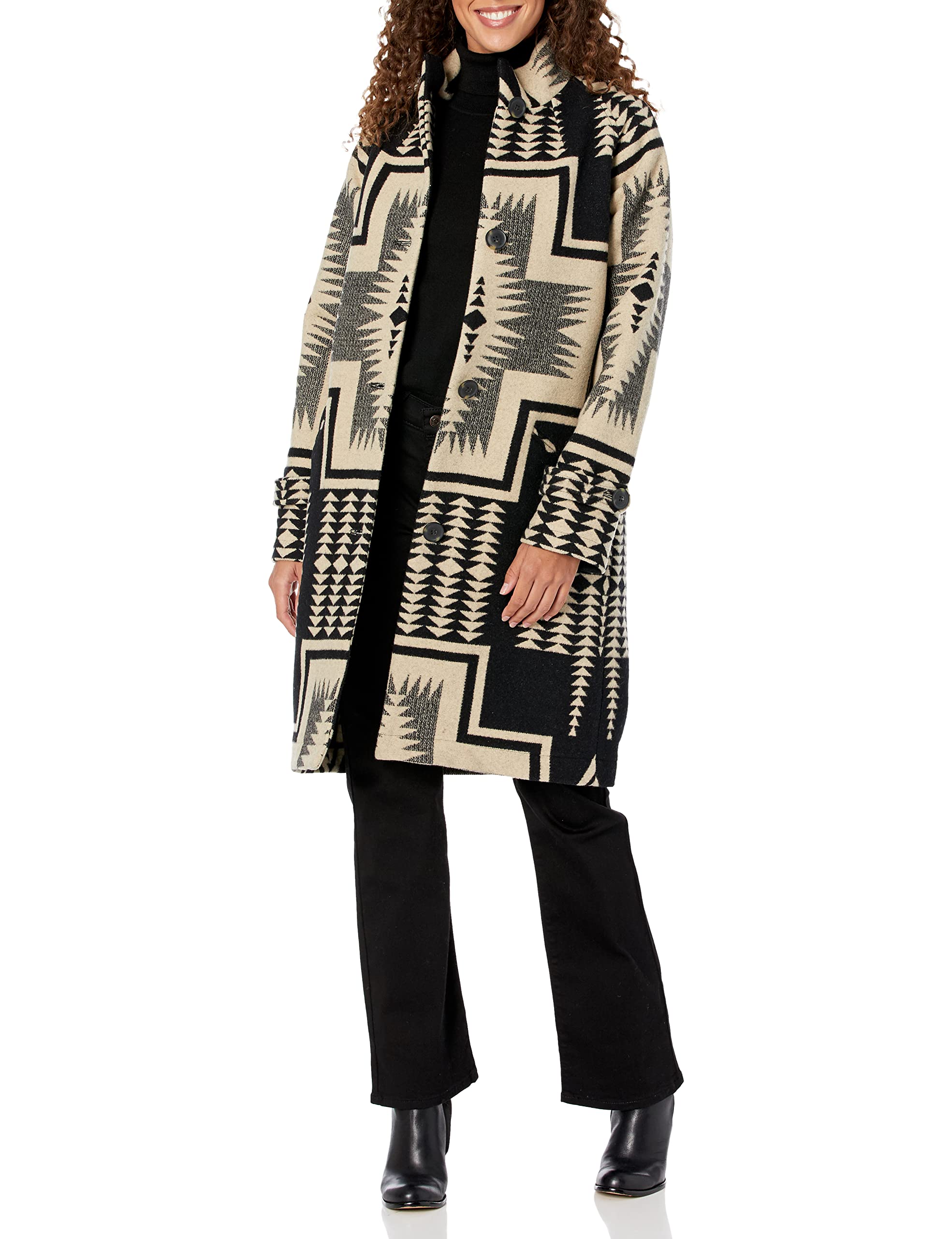 Pendleton Women's Timberline Jacquard Wool Coat, Black/Tan Harding, SM ...
