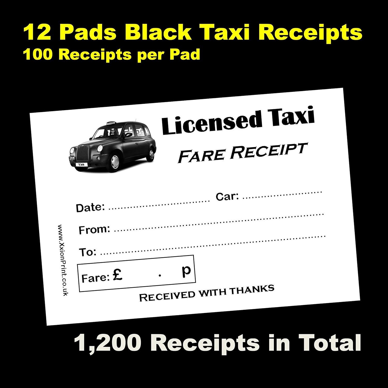 Black Cab or Licensed Taxi Fare Receipt Pads - Pack of 12 x 100 Sheet ...
