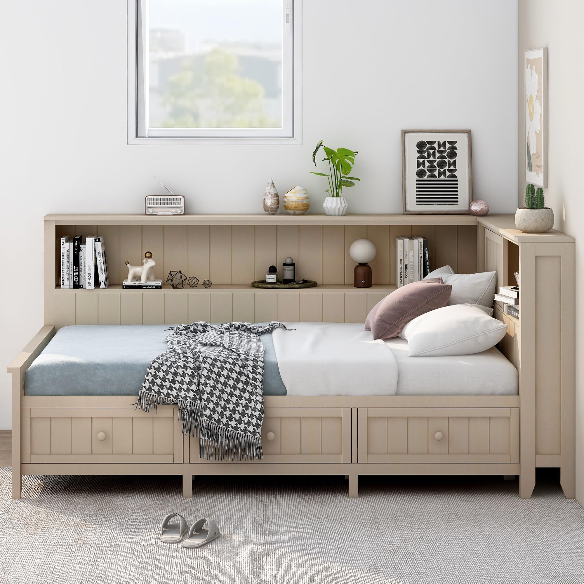 LUSPAZ Twin Size Wood Daybed with Storage Shelves and 3 Drawers ...