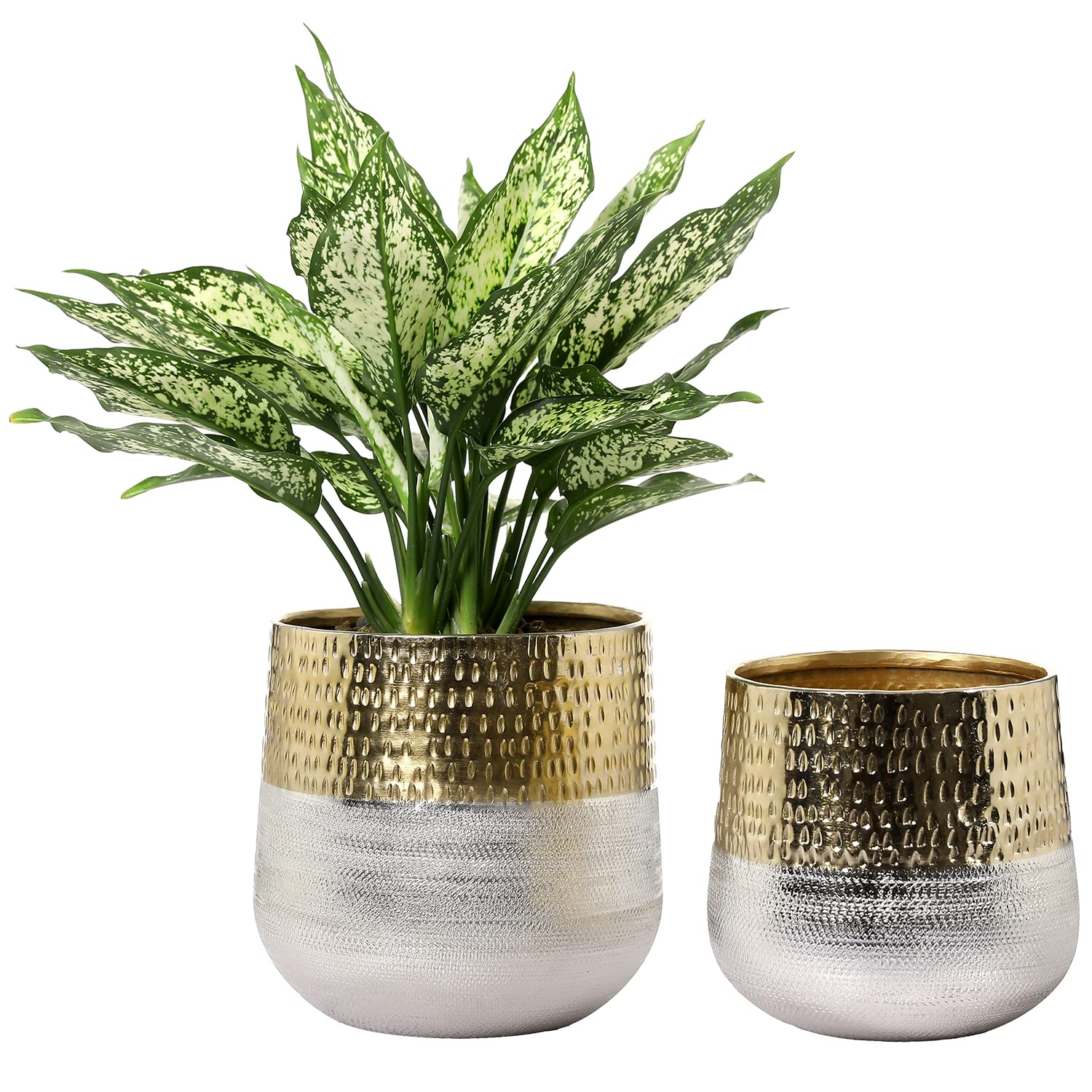 MyGift Round Two-Toned Indoor Planter Pot, Hammered Brass and Milled ...