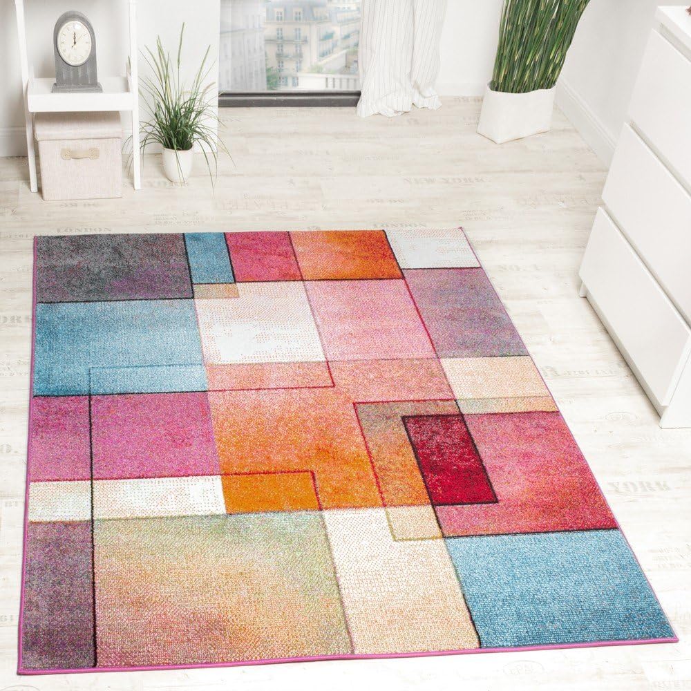Paco Home Designer Teppich Modern Bunt Karo Muster Multicolour Türkis ...