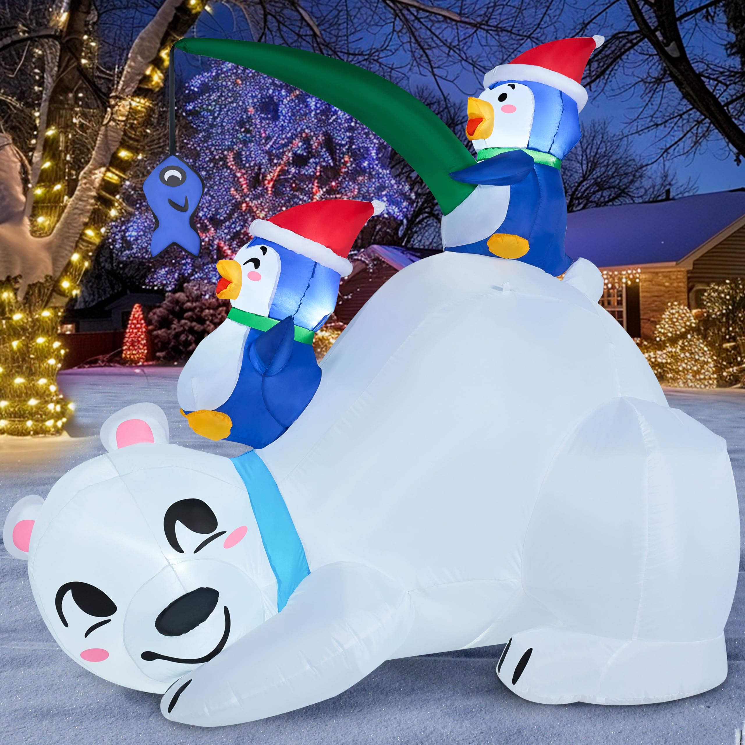 JOIEDOMI 6.7 FT Tall Christmas Inflatable Polar Bear with Fishing ...