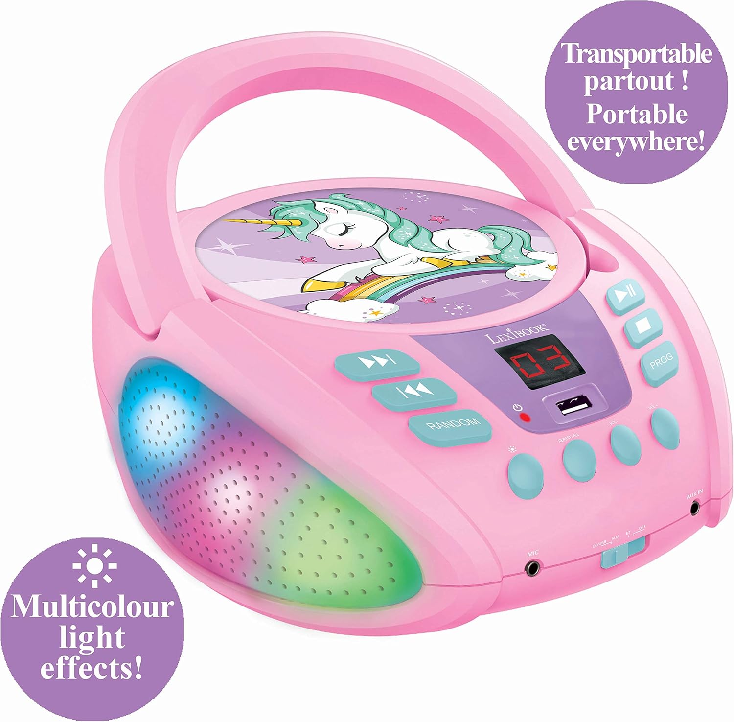 LEXIBOOK RCD109UNI Unicorn-Bluetooth CD Player for Kids – Portable ...