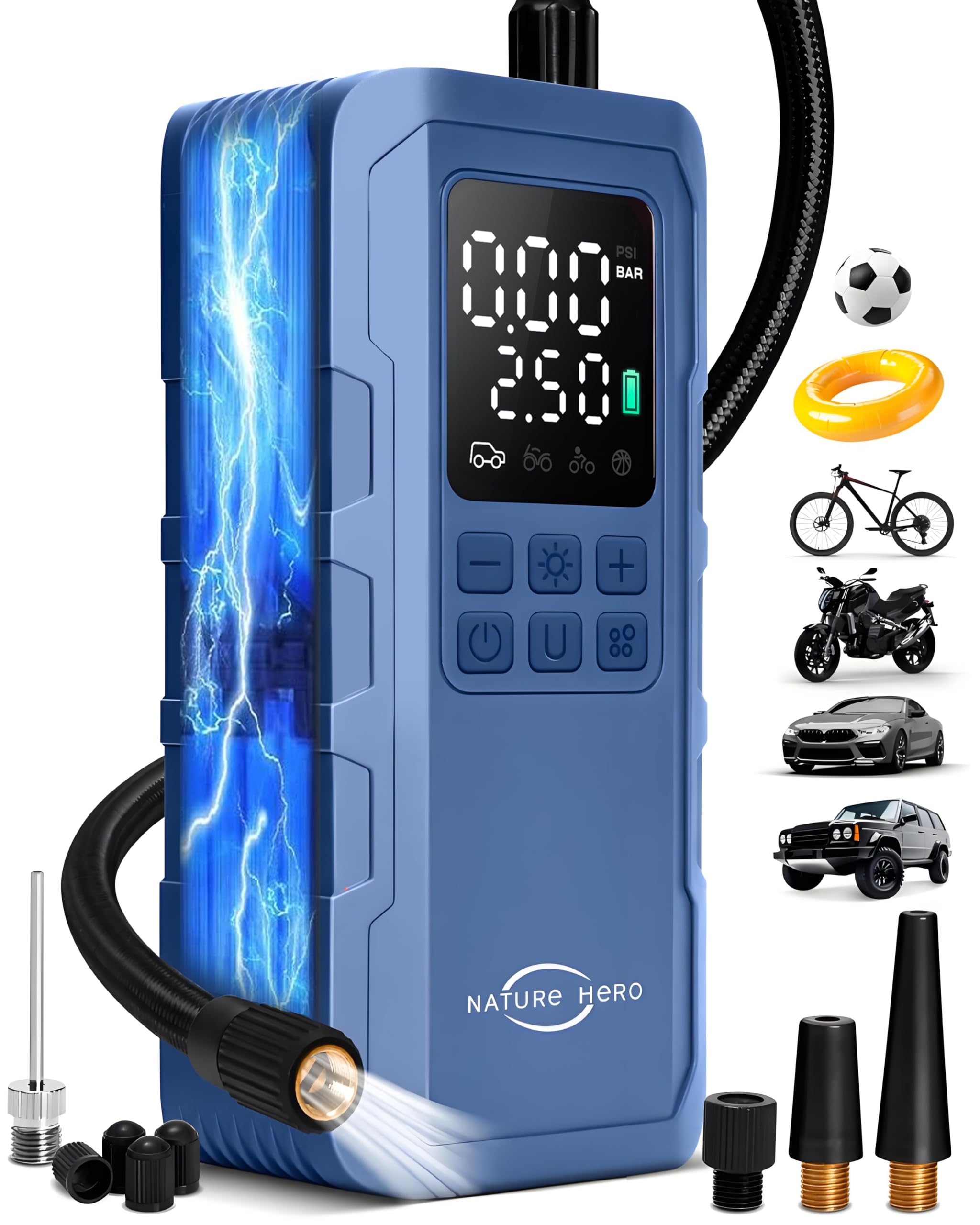 Nature Hero Tire Inflator Portable Air Compressor,150 PSI car tire air ...