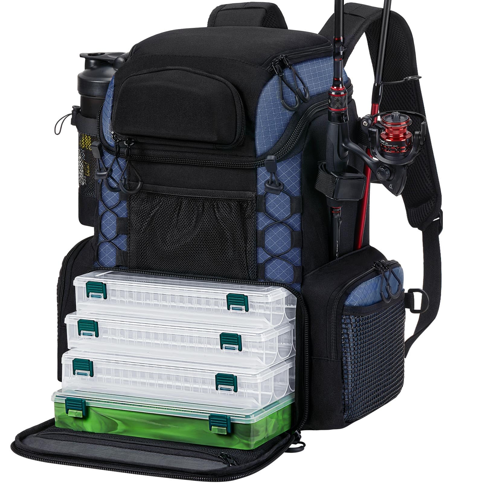 Piscifun Fishing Tackle Backpack with Rod Holders & 4 Tackle Boxes ...