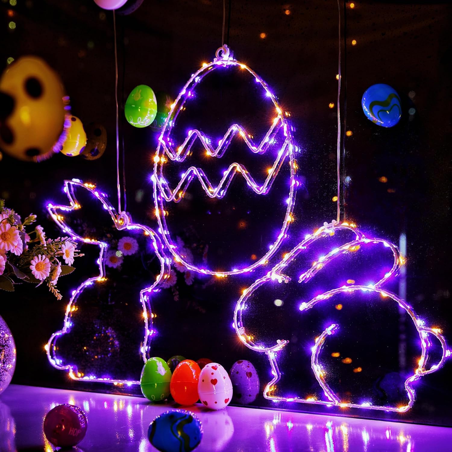 Easter Decorations Window Lights, 3 Pack Bunny Egg Shaped Easter Lights ...