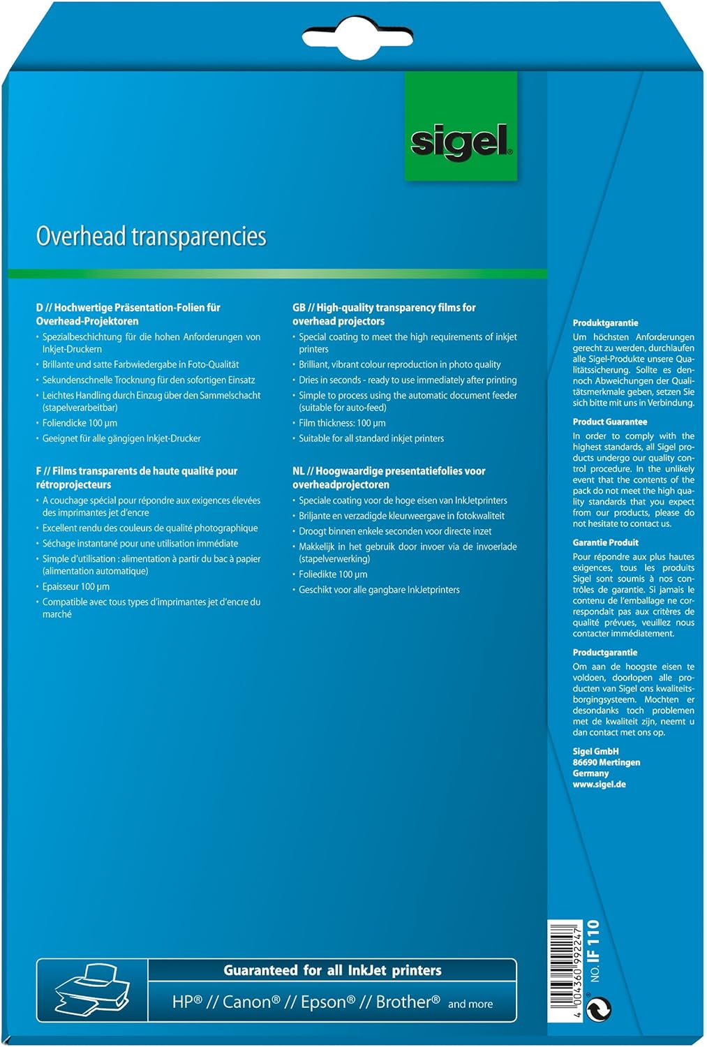 SIGEL IF110 InkJet Transparency Film, clear, coated, auto feed, 100 mic, A4, 10 sheets – BigaMart