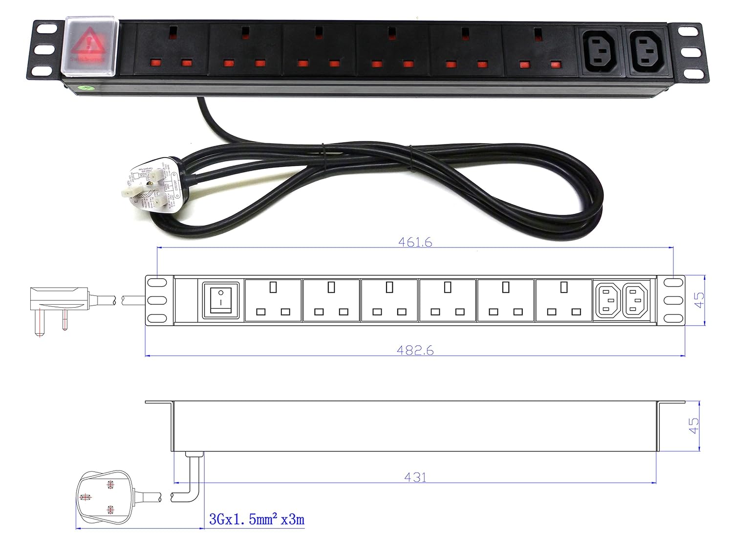 kenable Power Distribution Unit 6 Way C13 IEC 19 Horizontal PDU to C14 Plug talkingbread.co.il