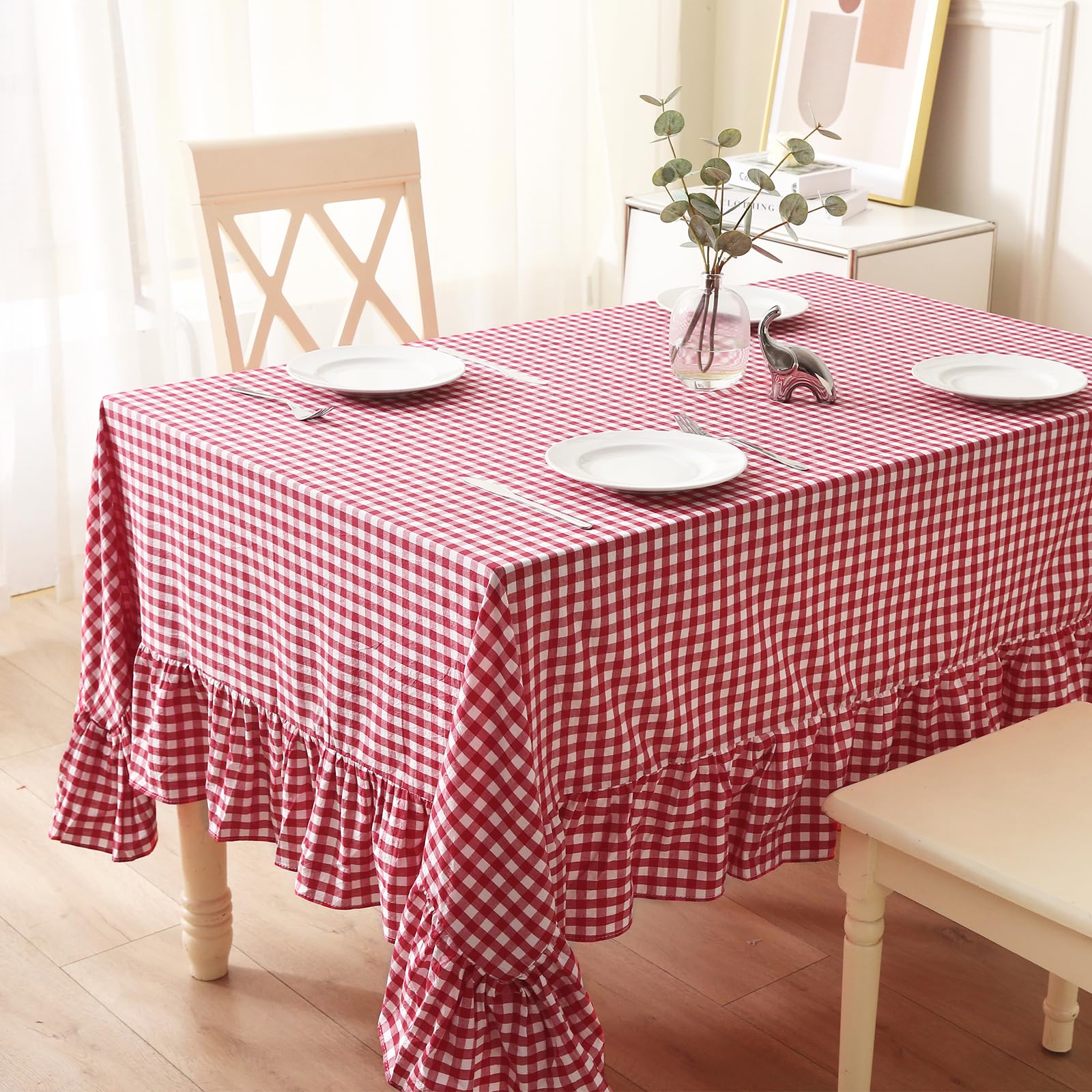 K MASANIJI 100% Cotton Red Plaid Ruffled Table Cloth for Rectangle ...