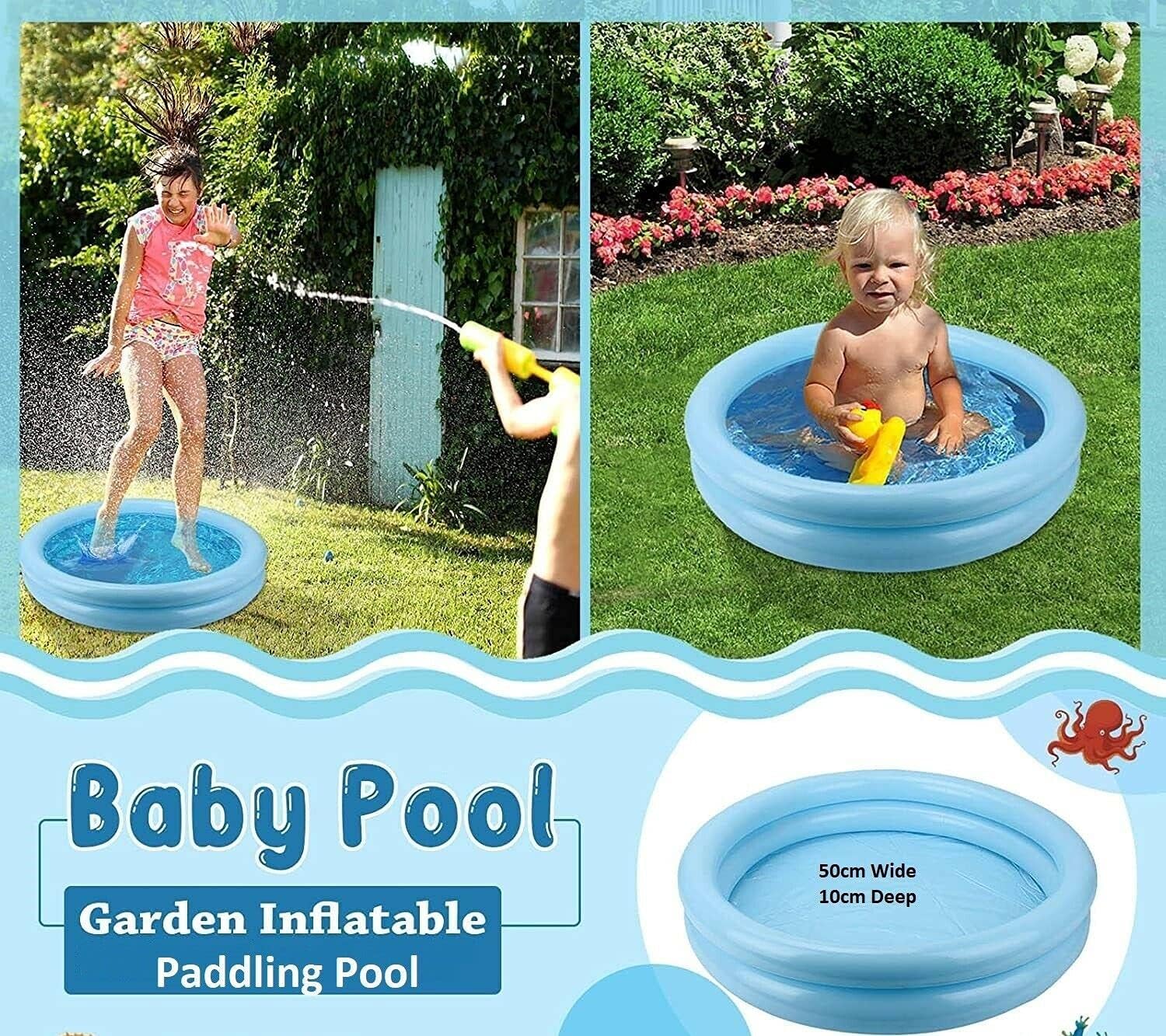 Mini Paddling Pool – 50cm Wide by10cm Deep Inflatable Two Rings Baby ...