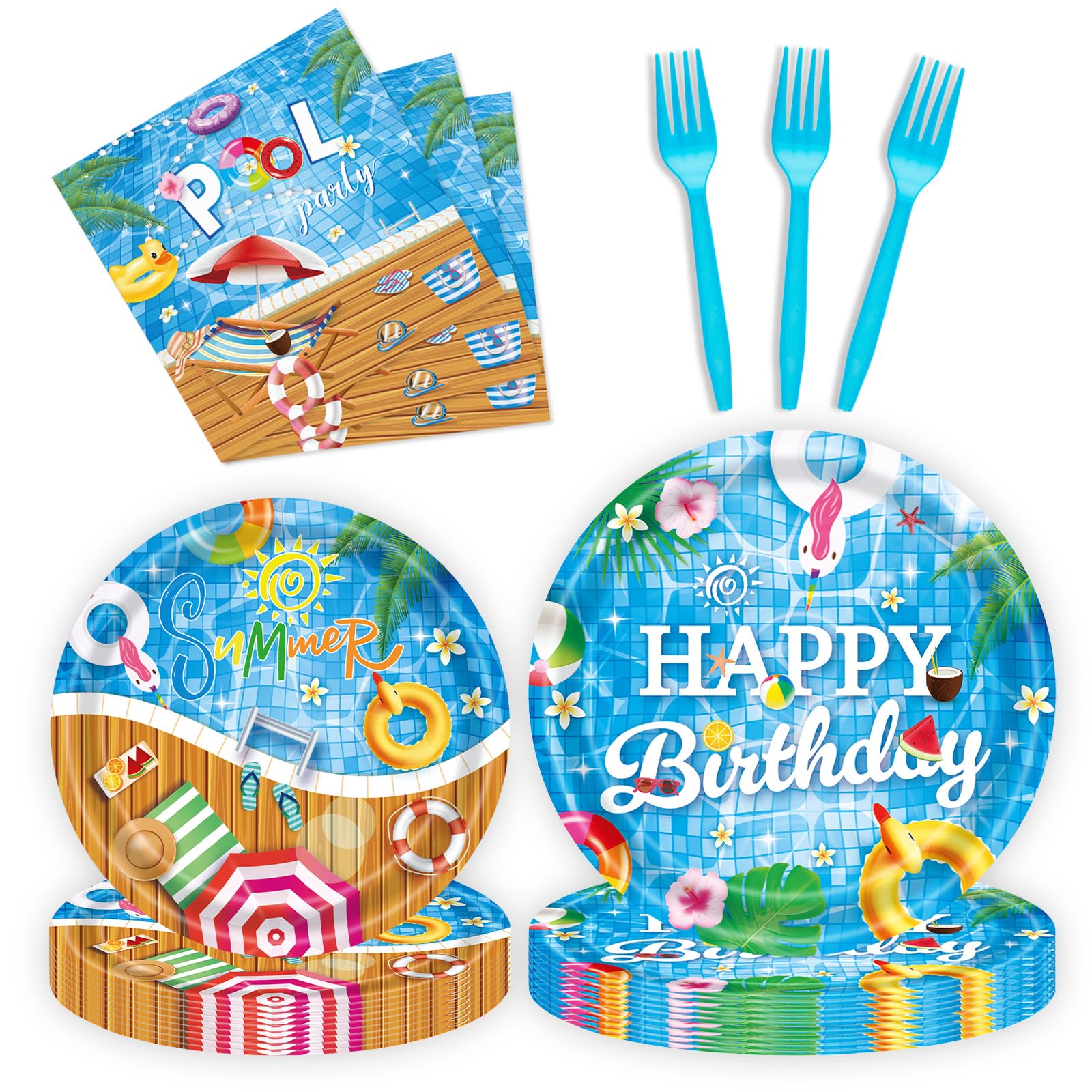Fesciory 96 Pcs Pool Party Birthday Plates and Napkins Party Supplies ...