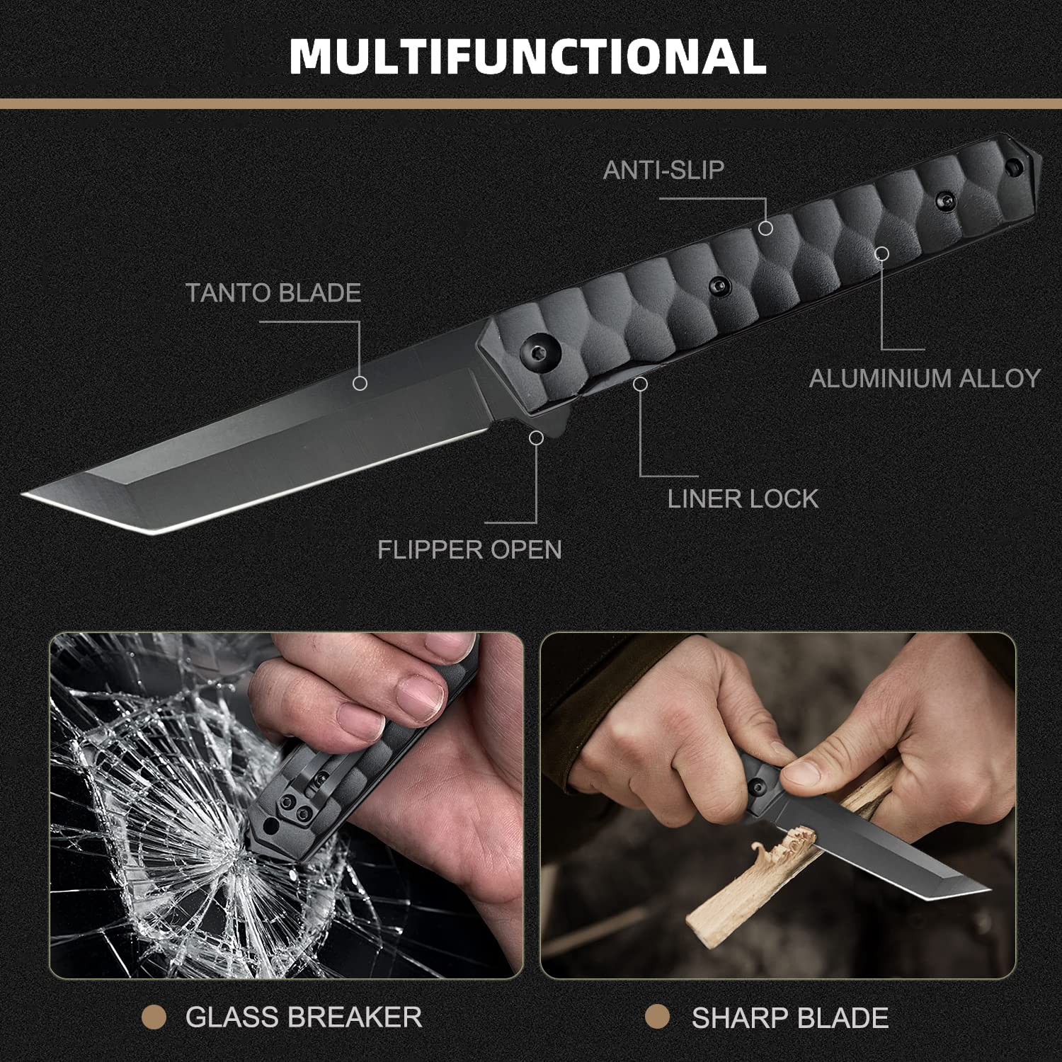 Pocket Knife For Men, Tanto Folding Knives With Clip, Glass Breaker For Emergency, EDC Pocket ...