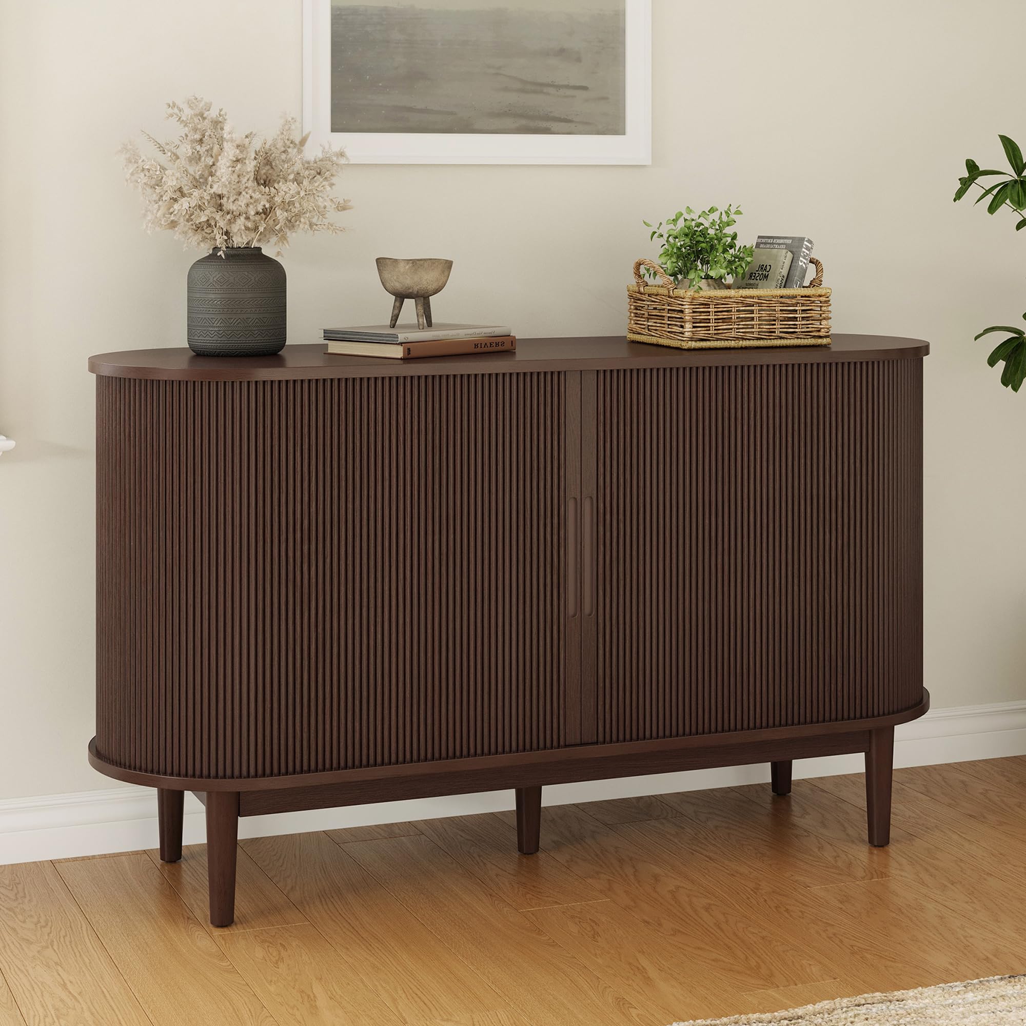 LINSY HOME 55" Sideboard Storage Cabinet with Tambour Sliding Doors, Mid Century Modern Buffet ...