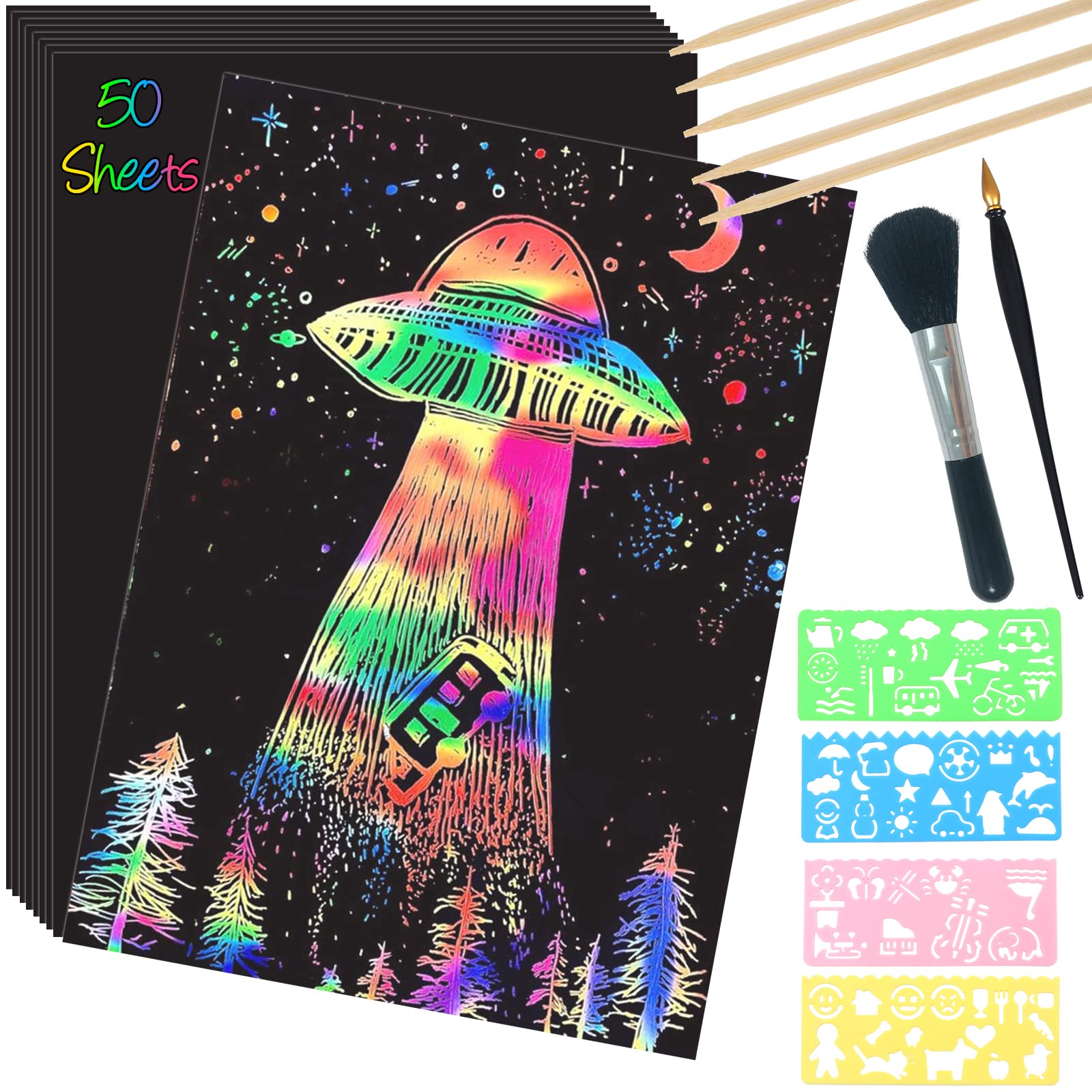 Scratch Paper Art Set, 50 Sheets 8x11in Rainbow Coated Scratchboard ...