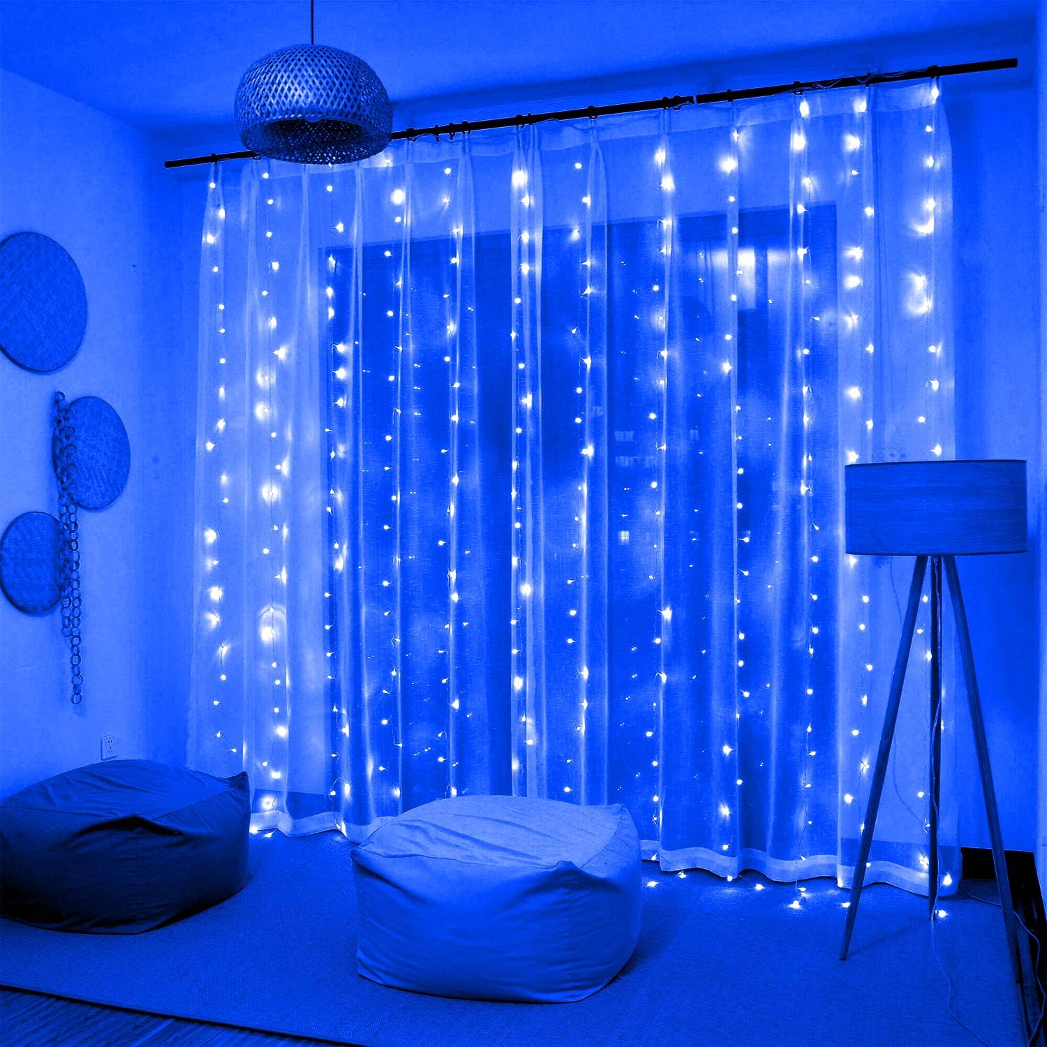 Amazon.com : JMEXSUSS Blue Christmas Curtain Lights with Remote, 300 ...