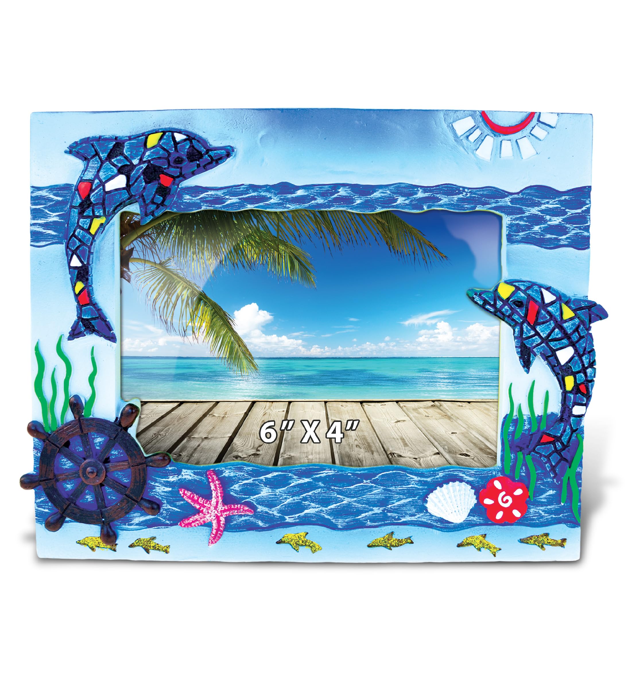 Puzzled Resin Blue Dolphin Mosaic Beach 6x4 Frame - Blue Sculptural ...