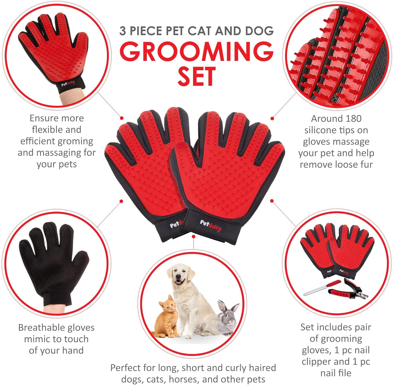 Petlicity 3 Piece Dog and Cat Grooming Set With Hair and Fur Removing ...