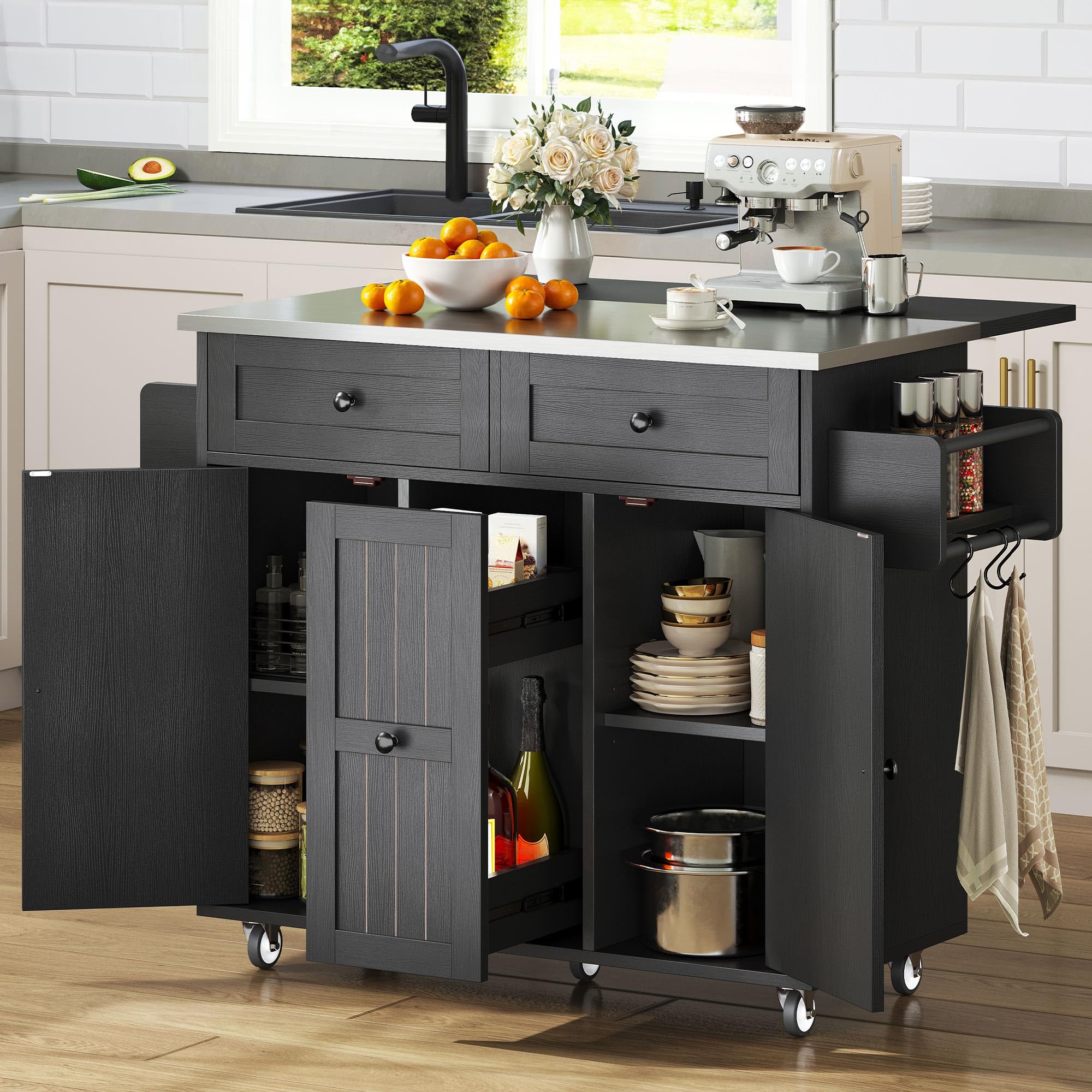 DWVO Kitchen Island on Wheels, Mobile Kitchen Island Cart with Folding ...
