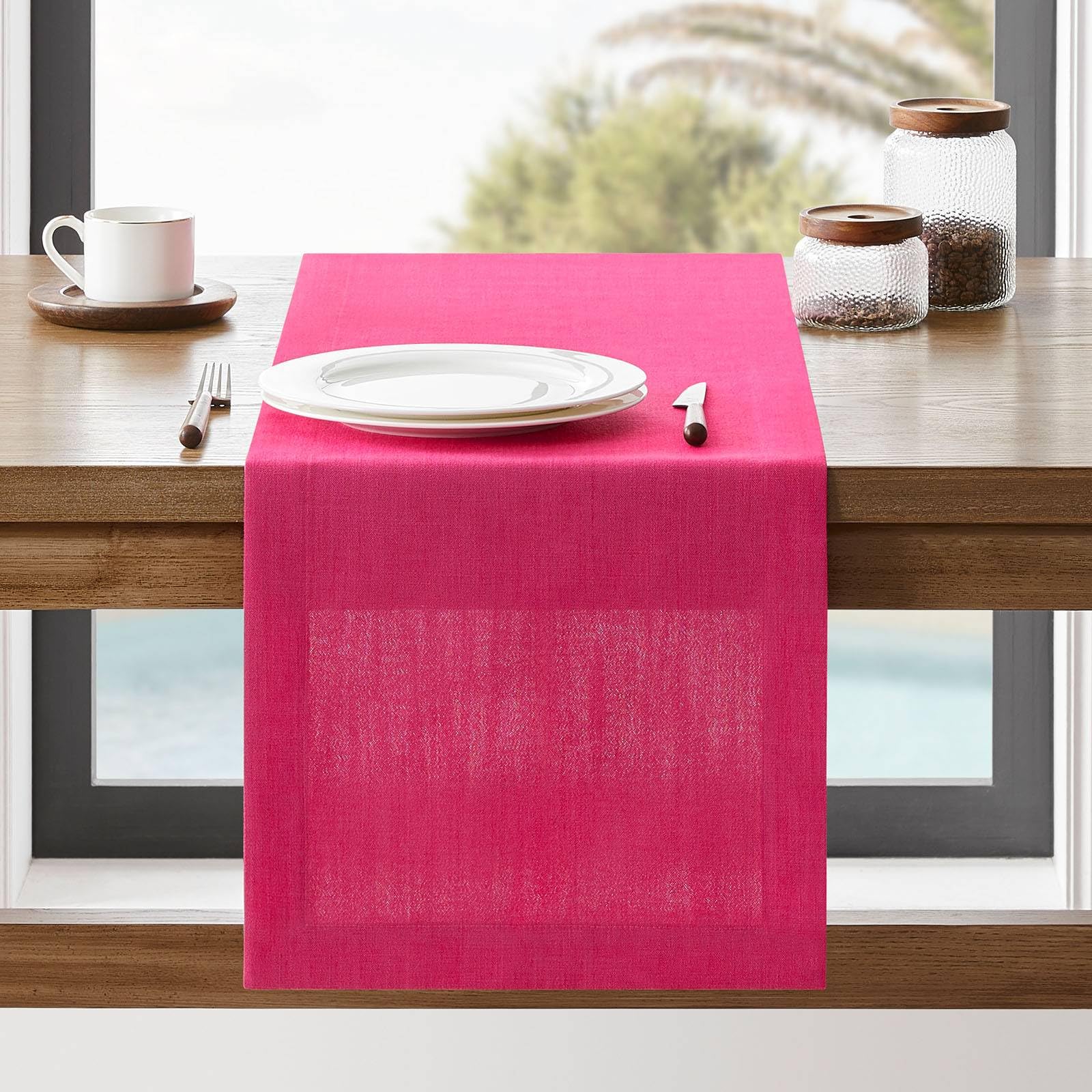 ZeeMart Linen Textured Border Table Runner, 14 x 60 Inch Hot Pink ...