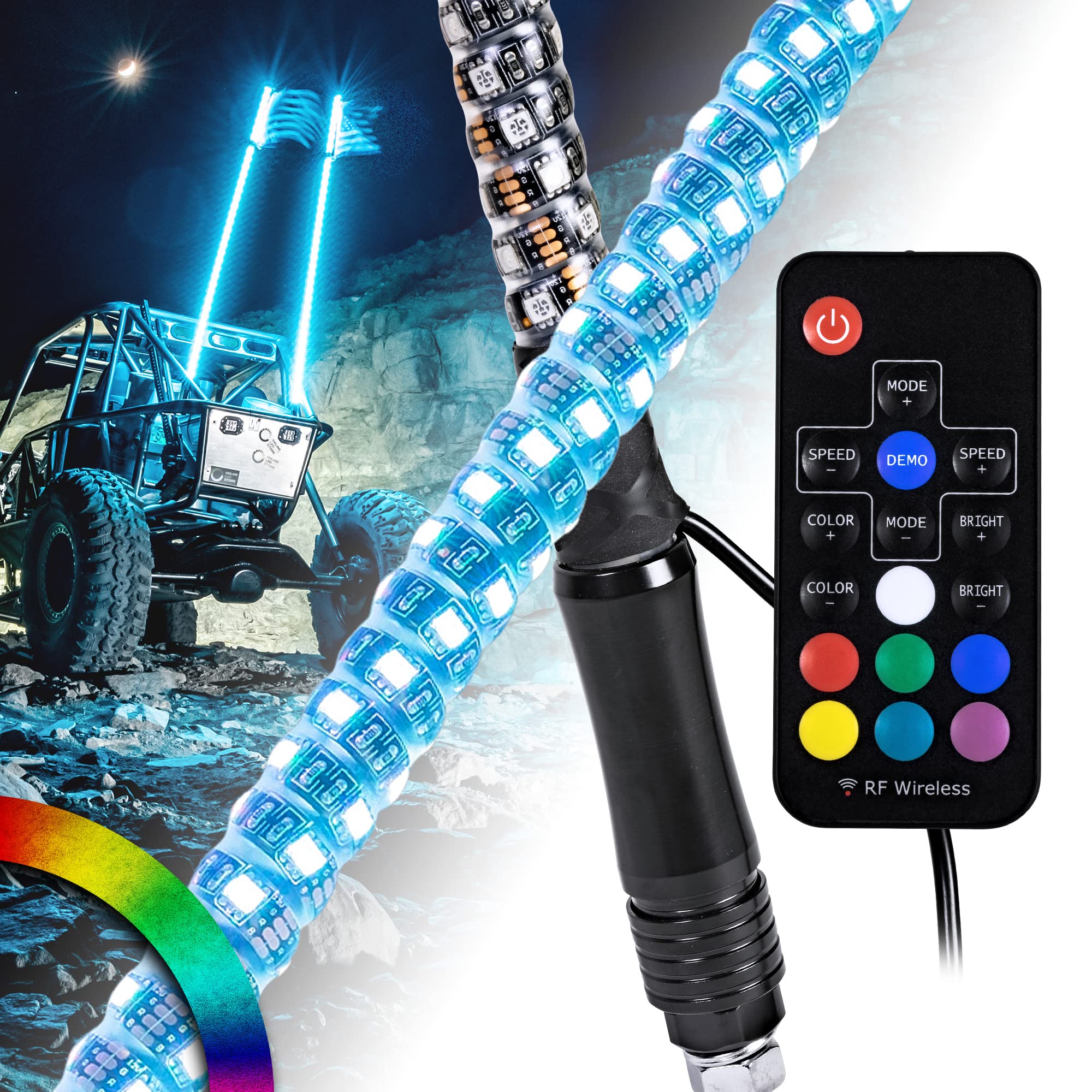 True Mods 2pc 2ft Spiral RGB LED Whip Light for UTV ATV [RF Wireless ...