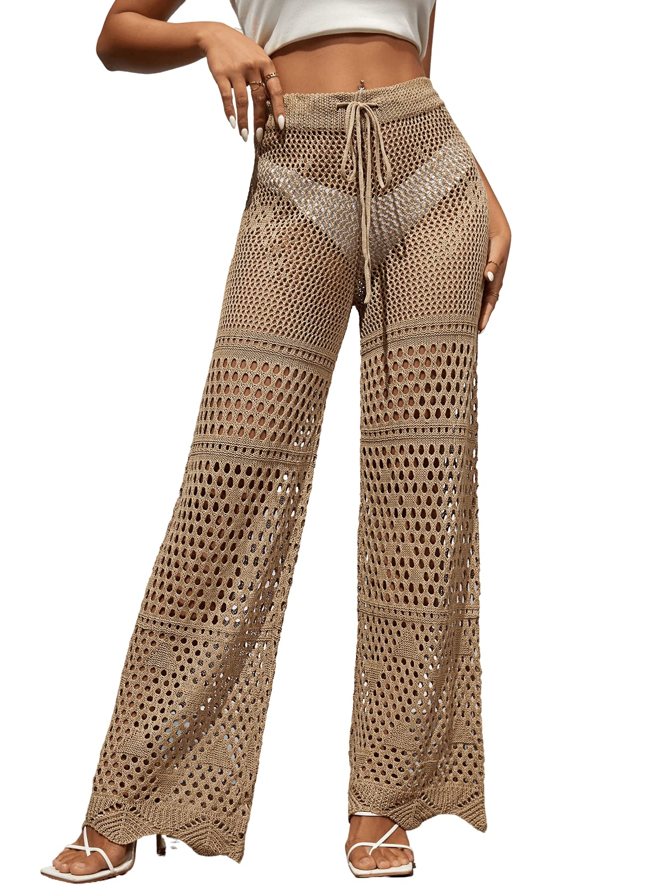 MakeMeChic Women's Cover Up Pants Drawstring Crochet Knitted Sheer ...