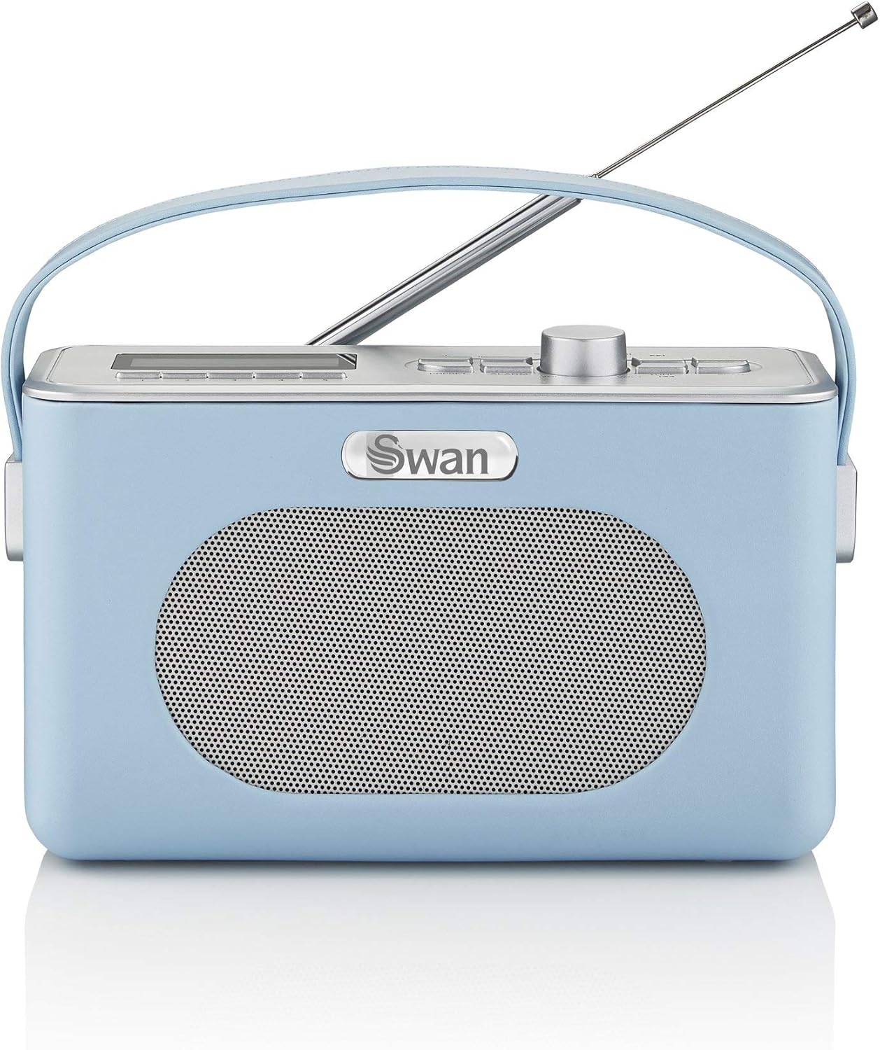 Swan Blue Retro Radio, 3W Power Output, 24 Hour Auto Adjusting Clock ...