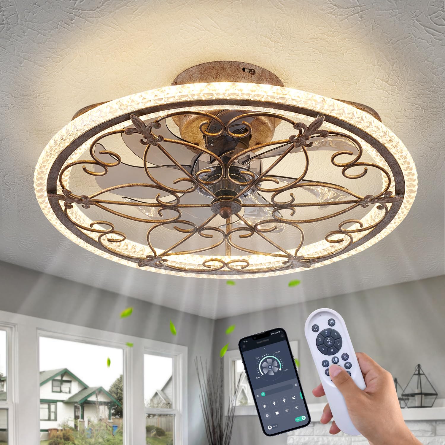 HuixuTe Rustic Caged Ceiling Fan with Lights Remote Control, Retro ...