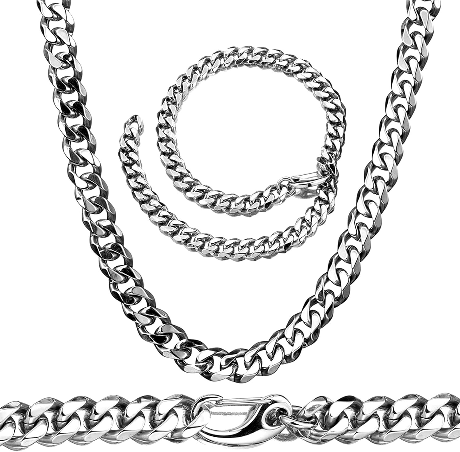 TIASRI Mens Silver Hip Hop Necklace Stainless Steel Miami Cuban Link ...