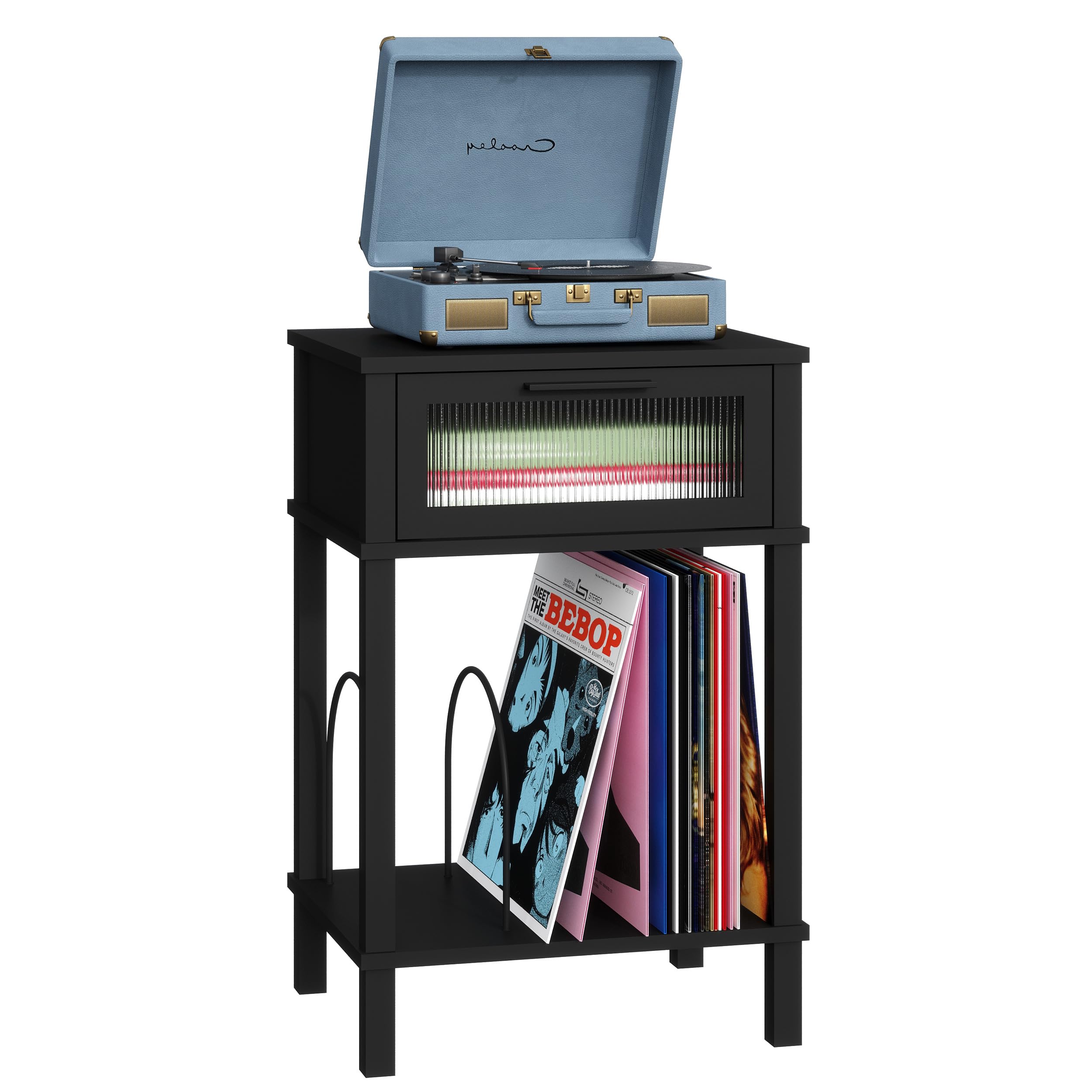 End Table with Record Player Stand, Side Table with Storage, 2-Tier ...
