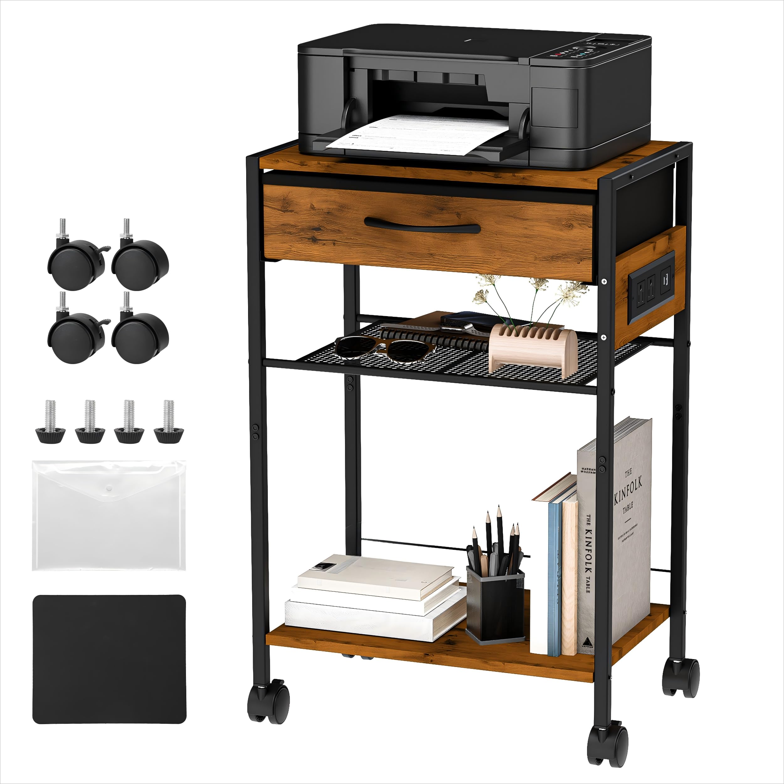 Curlix 3-Tier Printer Stand with Charging Station, Wood & Metal Printer ...