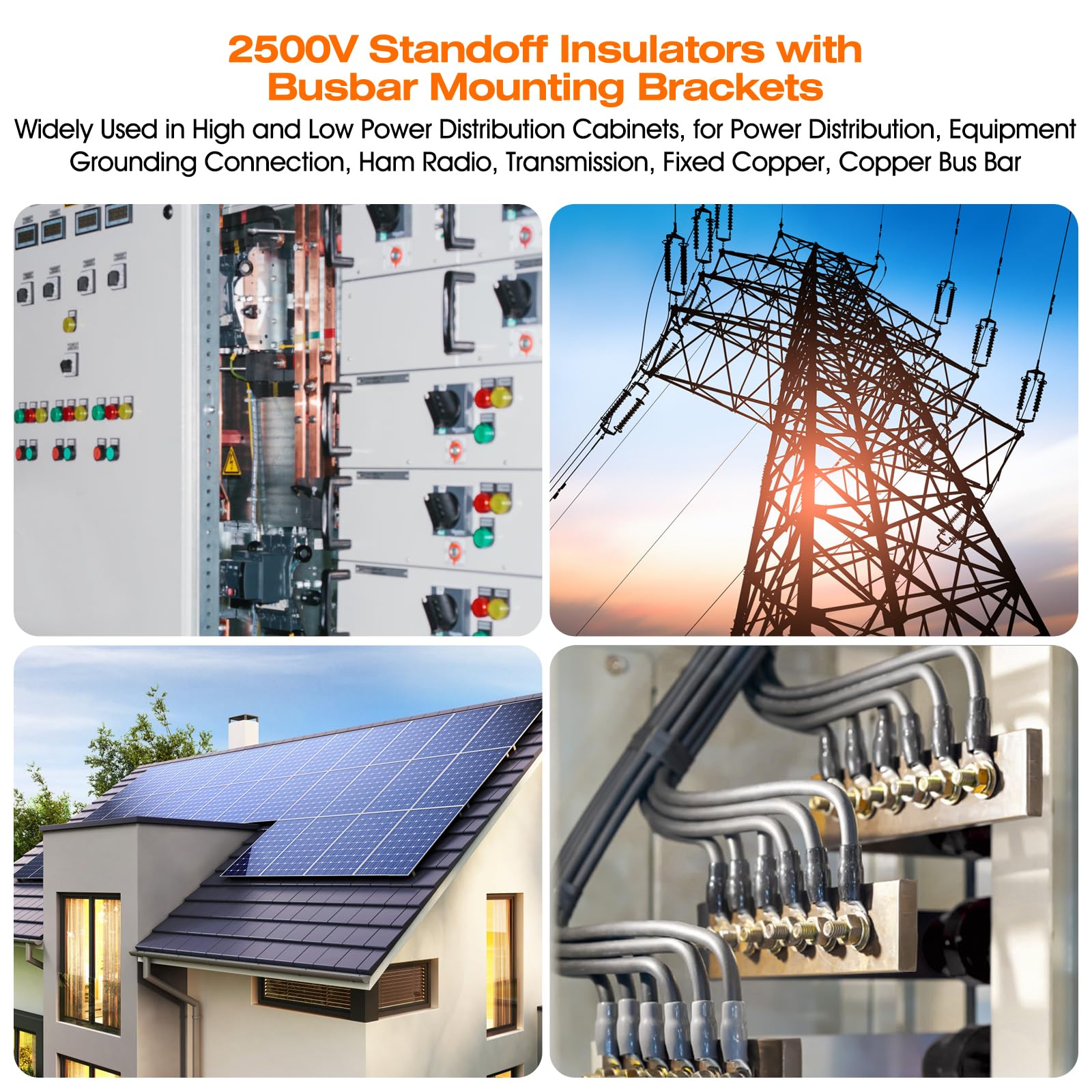 4PCS 2500V Standoff Insulators With Ground Bus Bar Mounting Brackets (2" Black Insulator) on ...