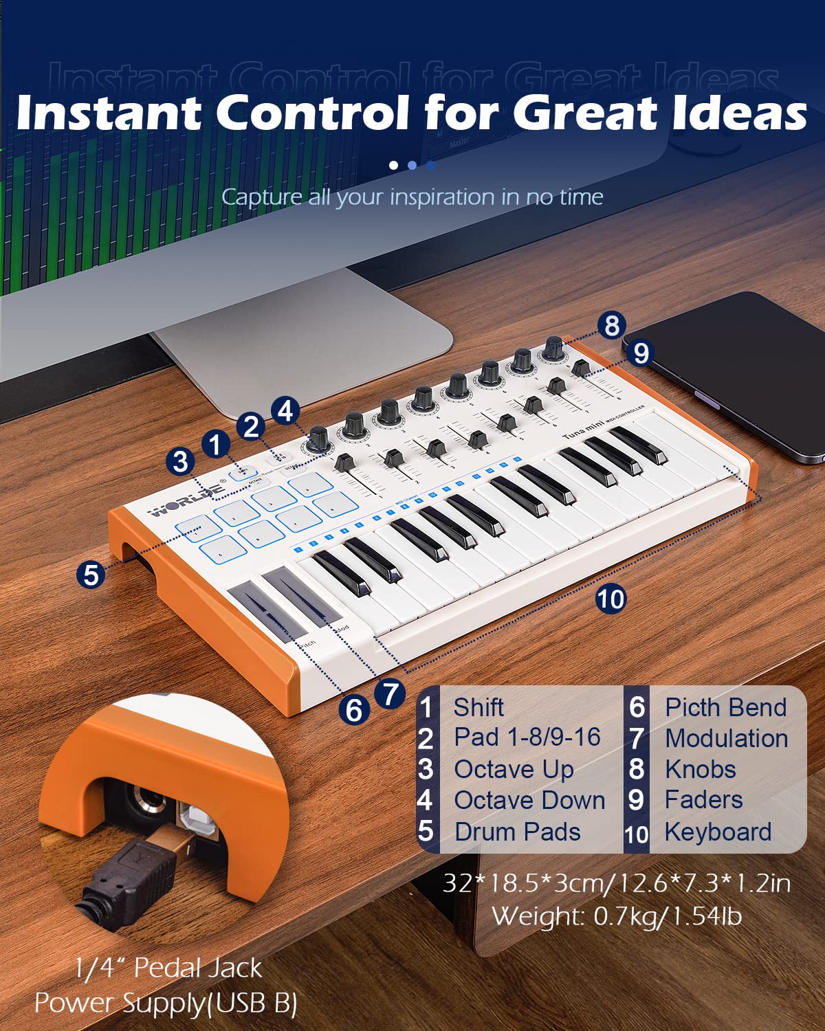 Mua Vangoa Worlde MIDI Keyboard Controller 25 Key, Worlde Tuna Mini USB Portable Beat Maker ...