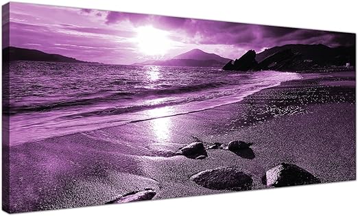 Cheap Purple Canvas Pictures of a Beach Sunset - Modern Seascape Wall ...