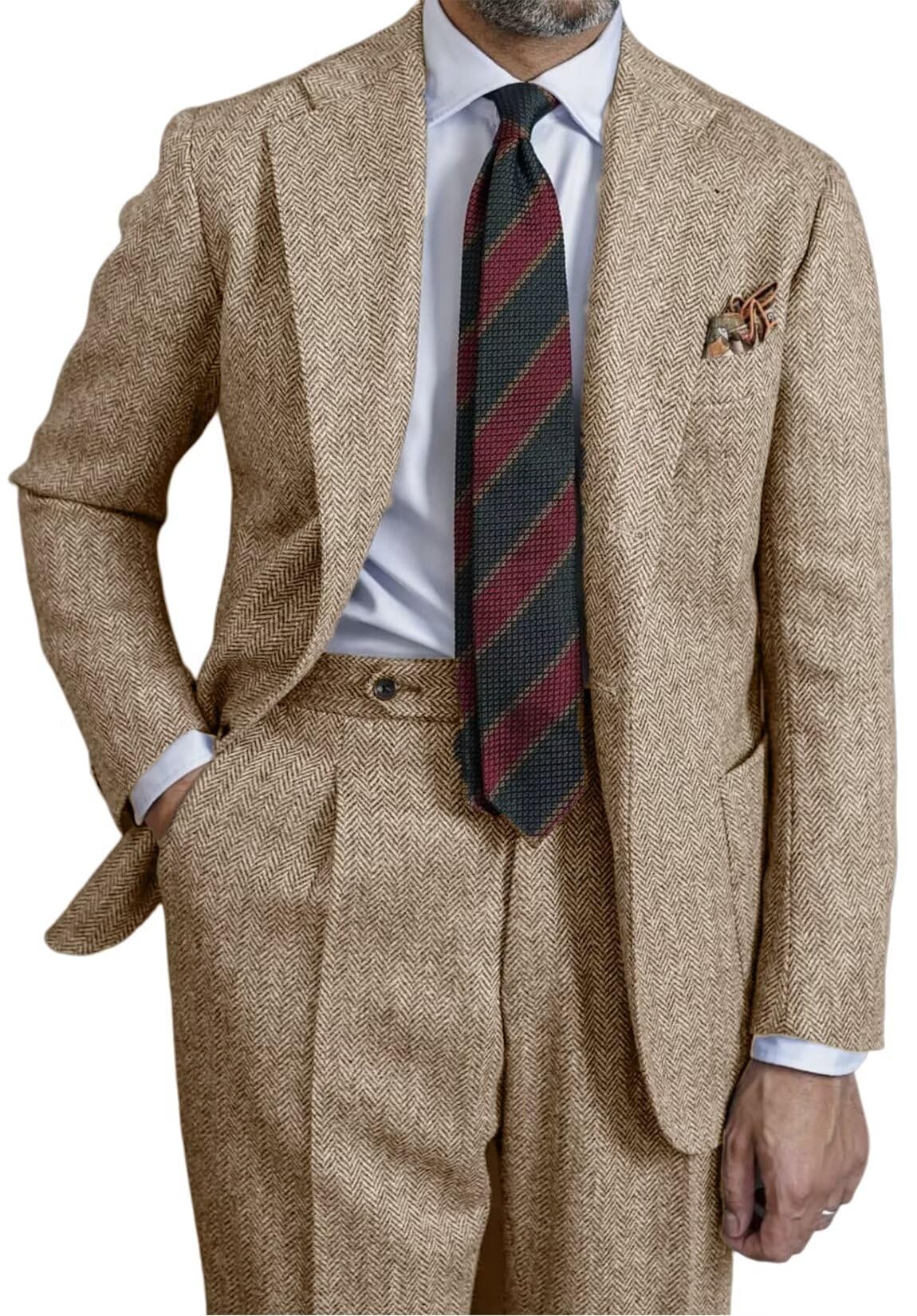 Retro Herringbone Tweed Suit Men's Wedding Tuxedos Set Prom Brown Slim ...