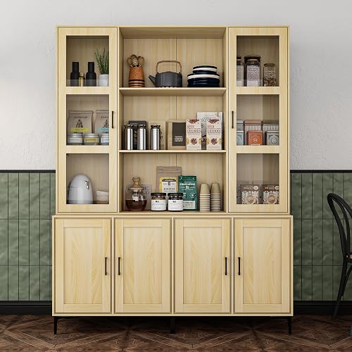 Hitow Large Storage Cabinet with Glass Doors, Kitchen Pantry Cabinet ...