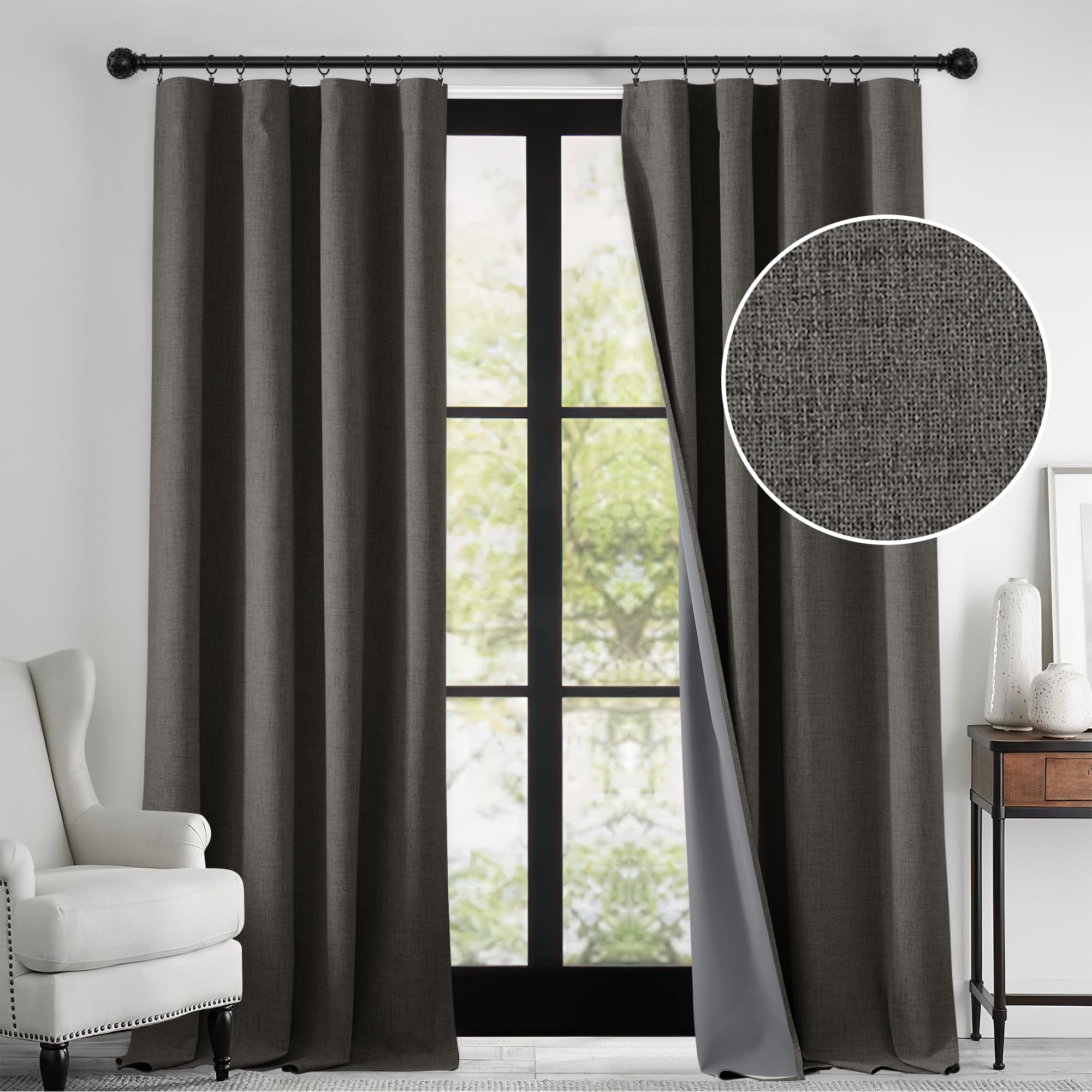 RYB HOME 100% Blackout Linen Textured Curtains 90 inches Long, Thermal ...